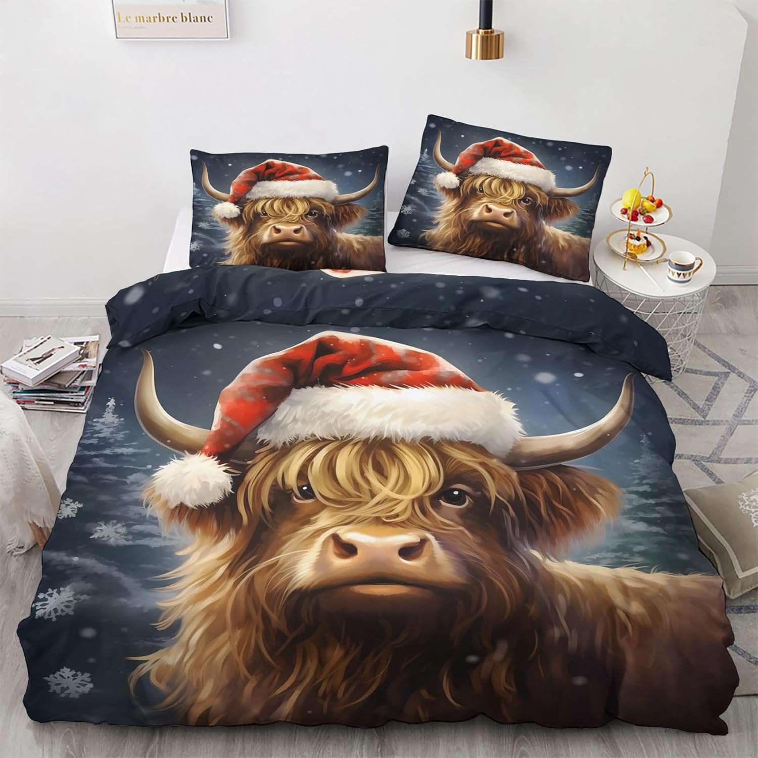 Highland Cow Double Duvet Set - Christmas Bedding Set - Reversible Quilt Cover & 2 Pillowcases ...