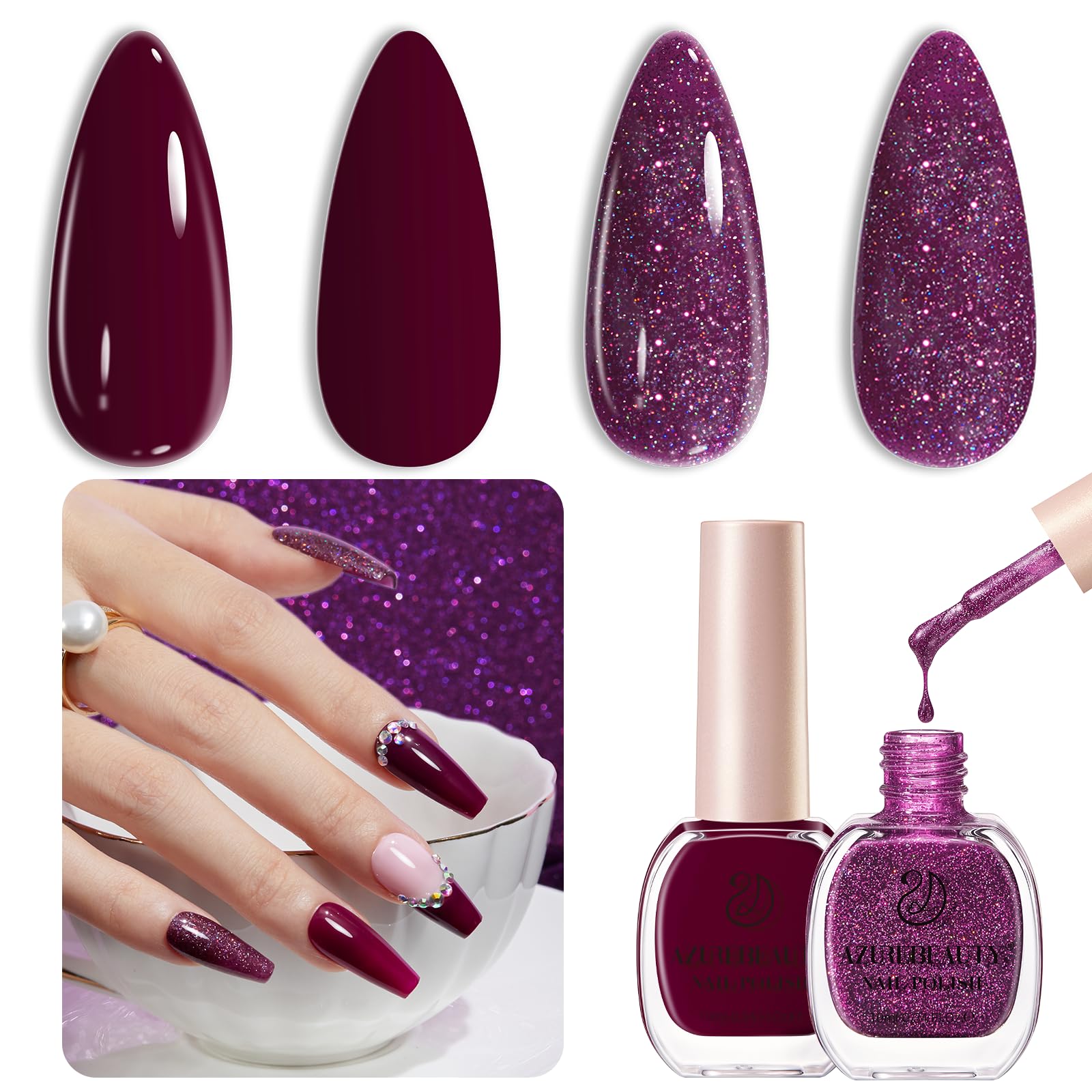 Amazon.com : AZUREBEAUTY Purple Nail Polish Set 2 Colors Glitter Quick ...
