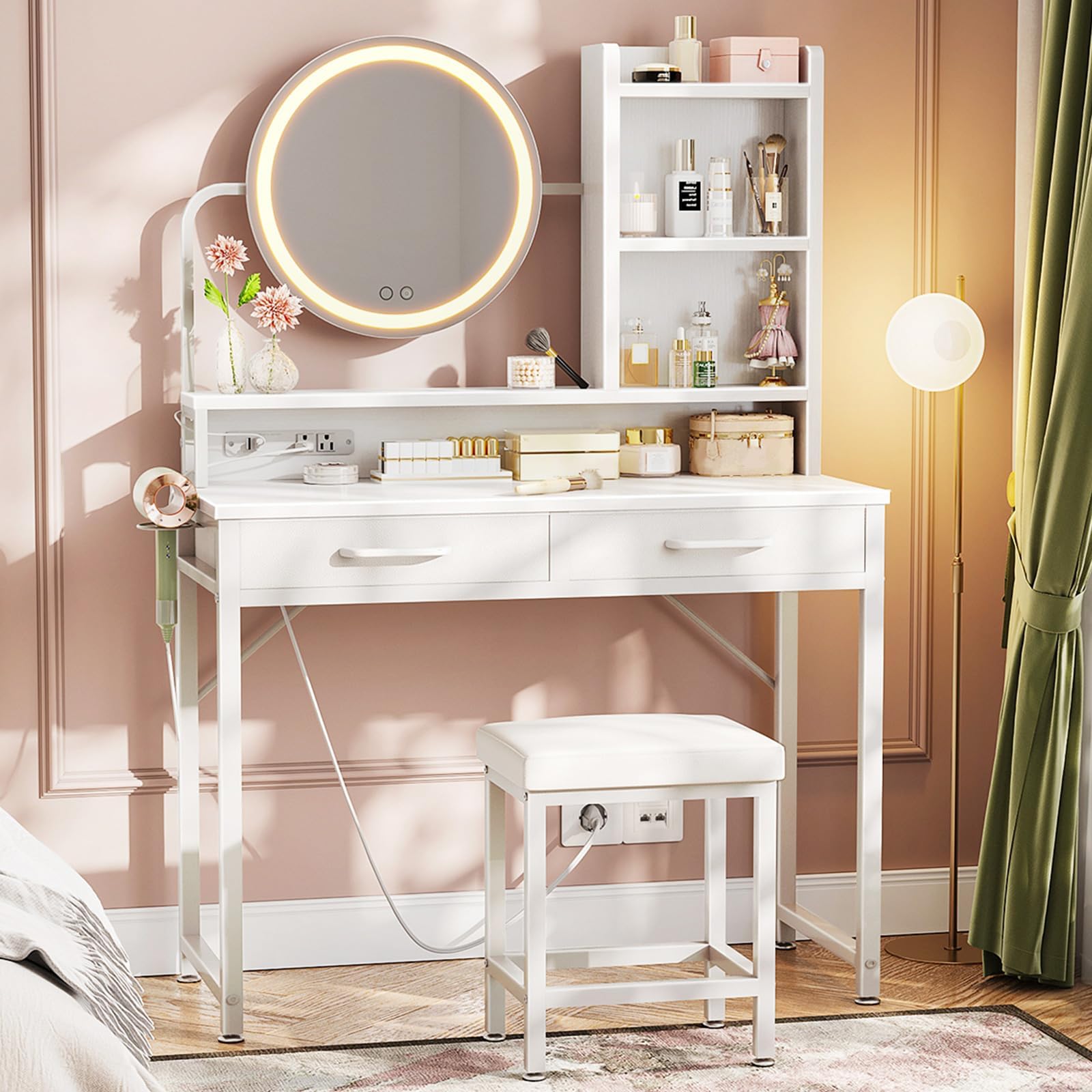 Amazon.com: SOOWERY Vanity Desk with Lights and Mirror, Pink Vanity ...