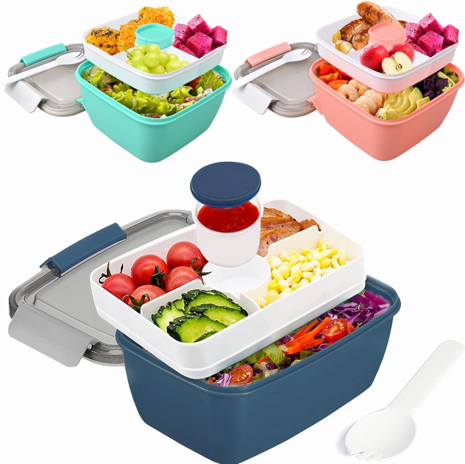 3 Pack Salad Container Bowl for Lunch - 68 oz Large Adult Bento Lunch ...