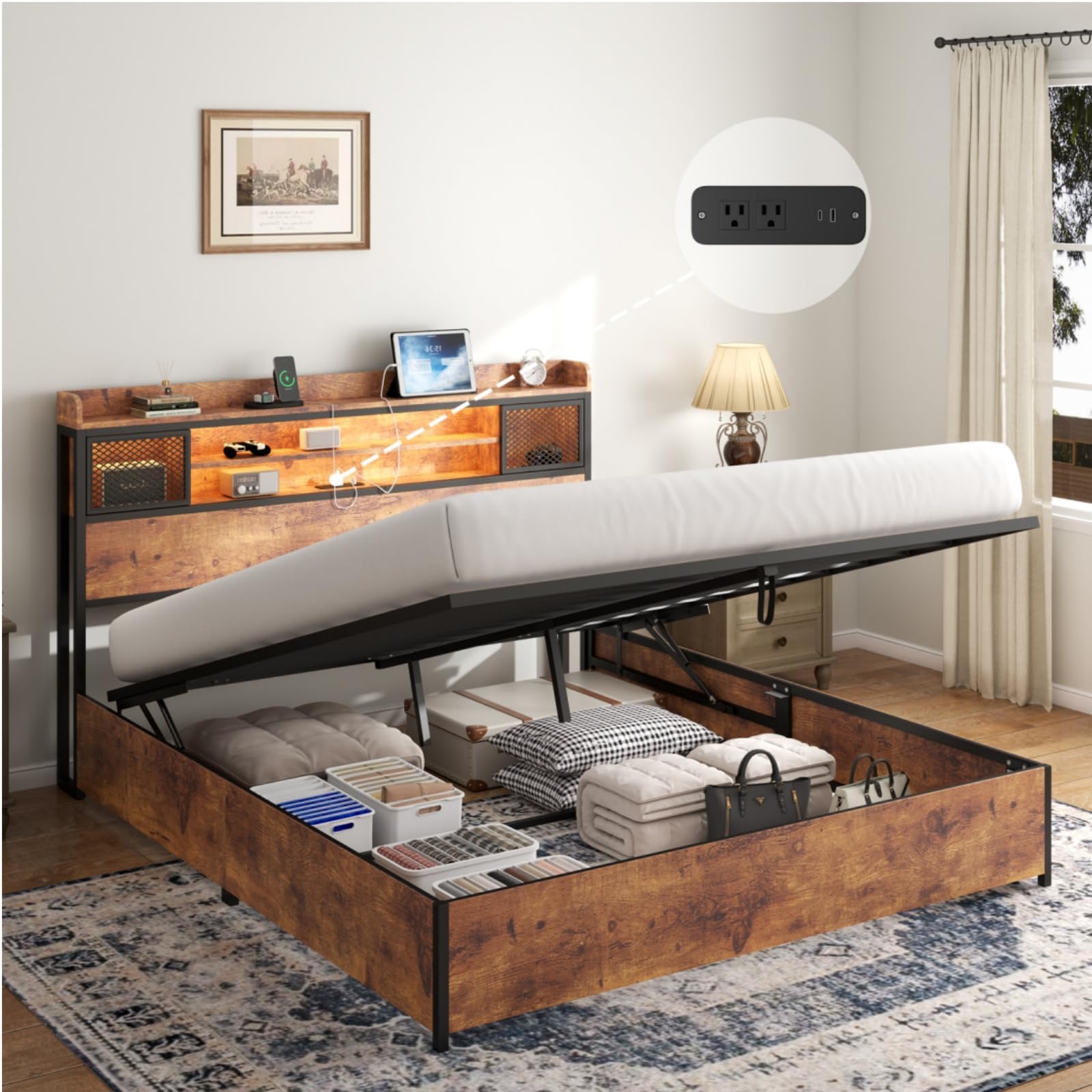 Amazon.com: AMERLIFE Full Size Lift Up Storage Bed Frame, Wooden ...