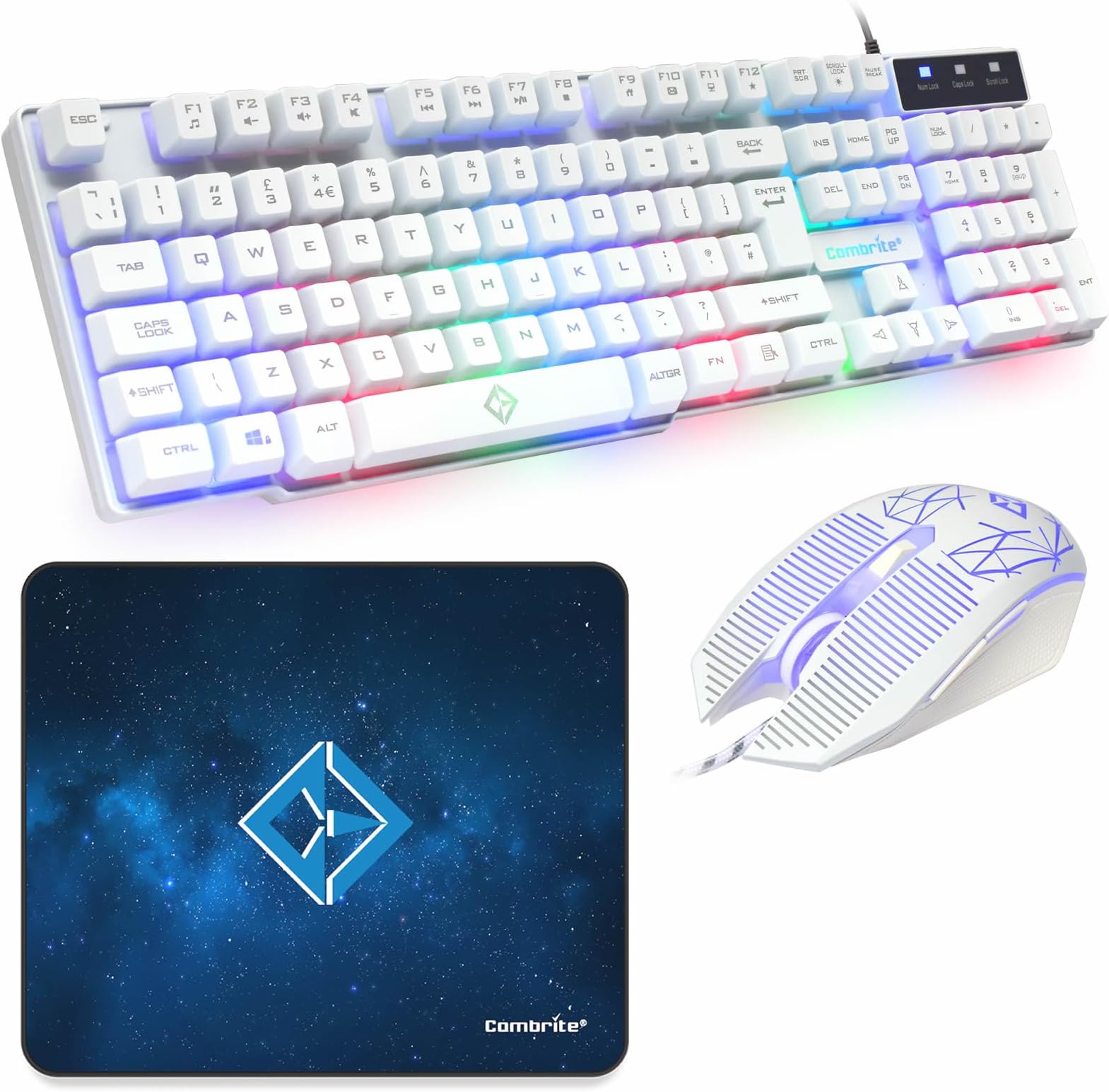 Combrite Raptor White Gaming Keyboard And Mouse Set With Large Mouse ...