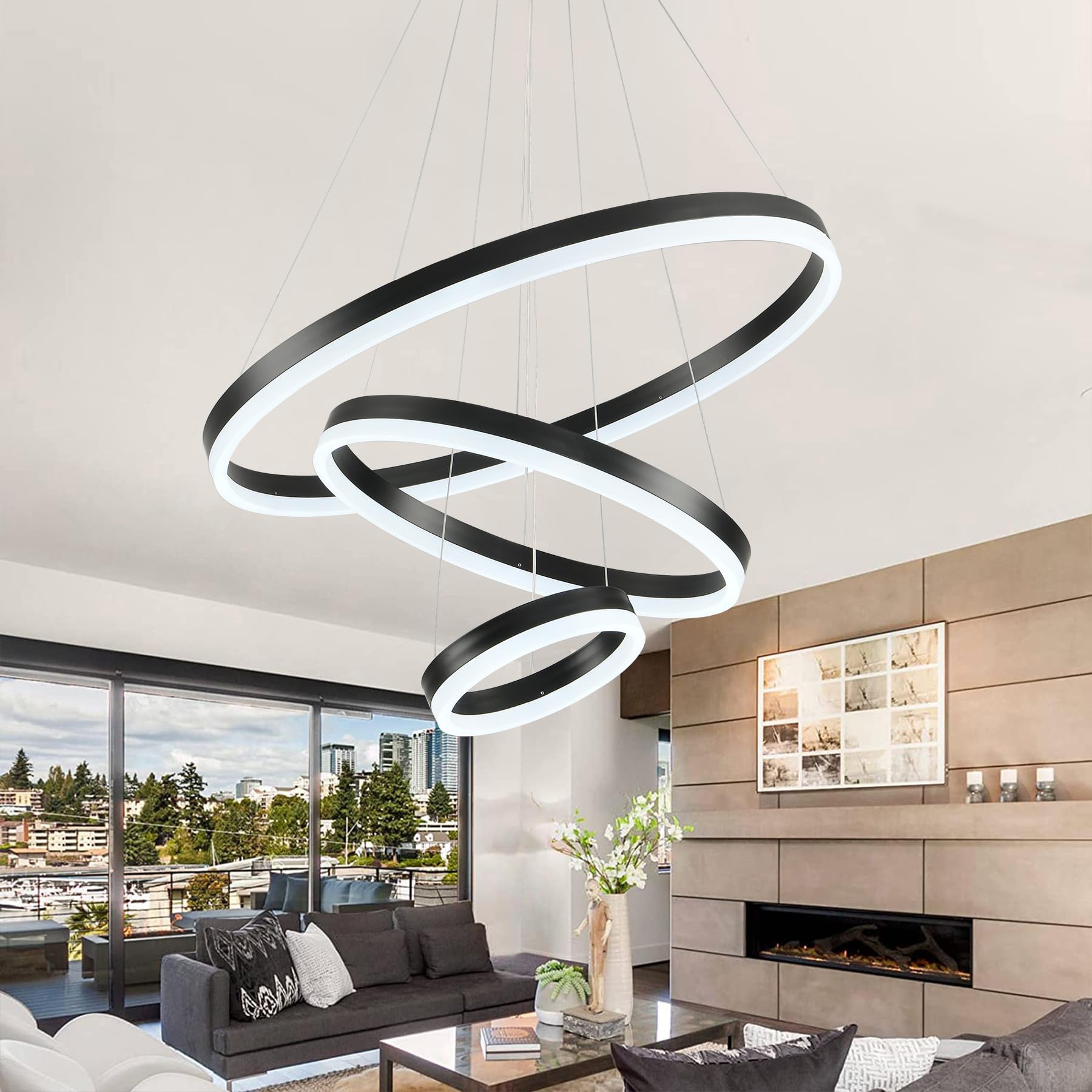 3-Rings Modern Led Chandelier Black, Contemporary Ring Chandeliers ...