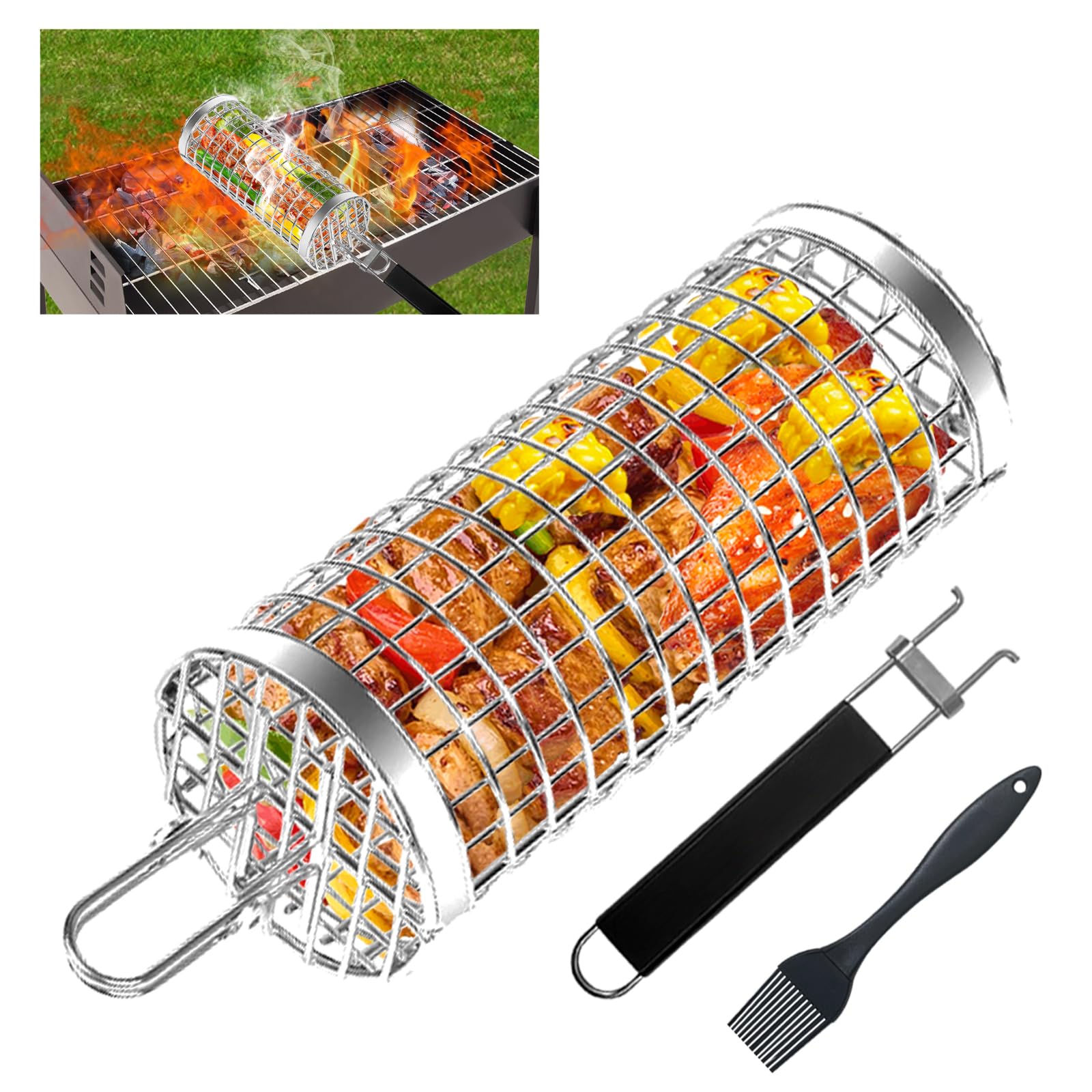 Amazon.com: Rolling Grill Basket with Brush: 304 Stainless Steel BBQ ...