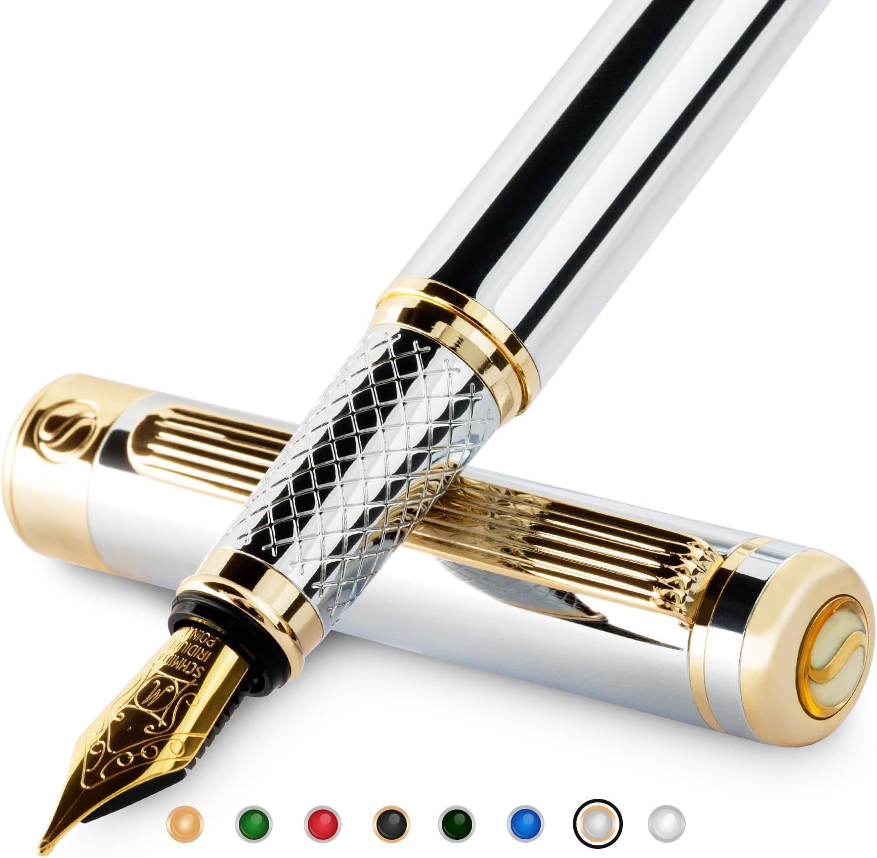 Scriveiner Silver Chrome Fountain Pen - Stunning Luxury Pen with 24K ...