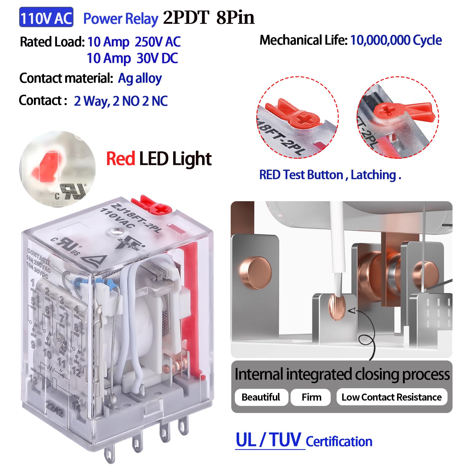 Snapklik.com : 10Amp 120V Relay Coil 8 Pin DPDT 110V/120V AC Relay LED ...