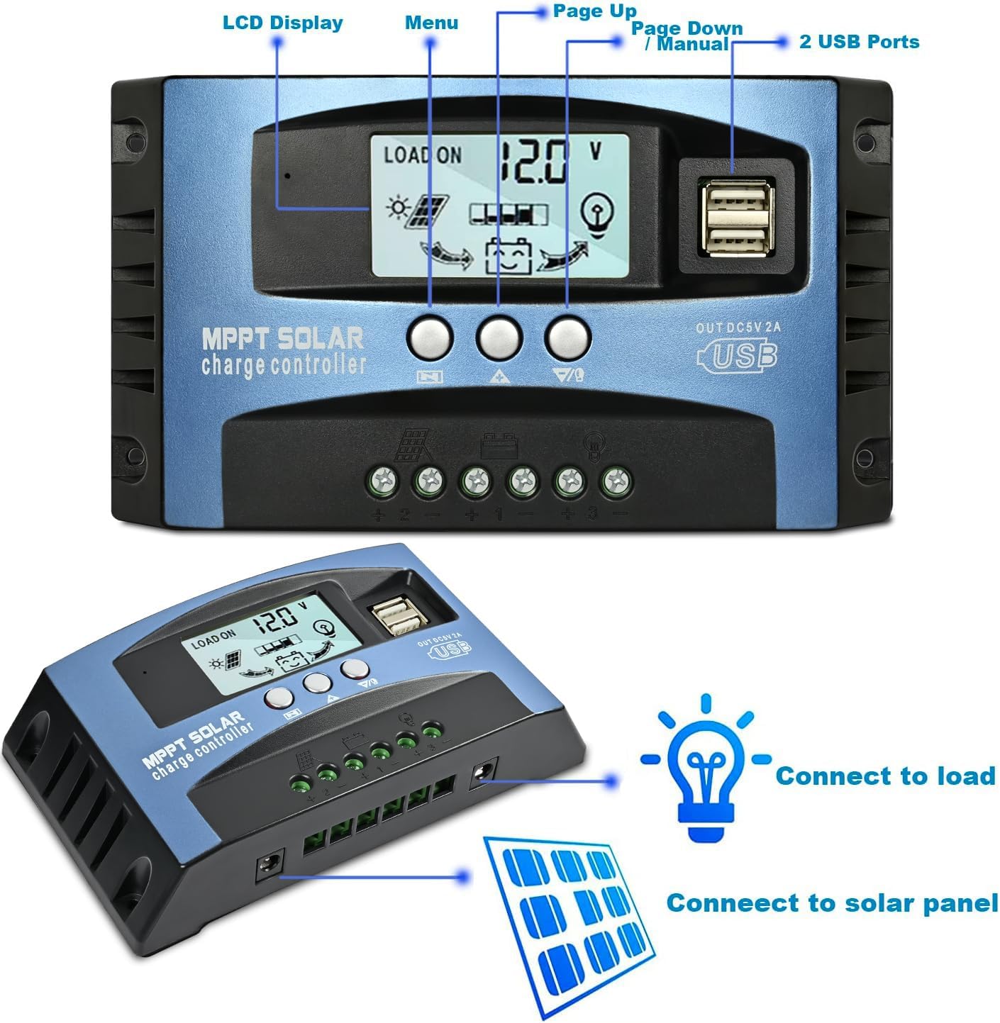 60A MPPT Solar Charge Controller, 12V/ 24V Solar Panel Battery Intelligent Regulator with Dual ...
