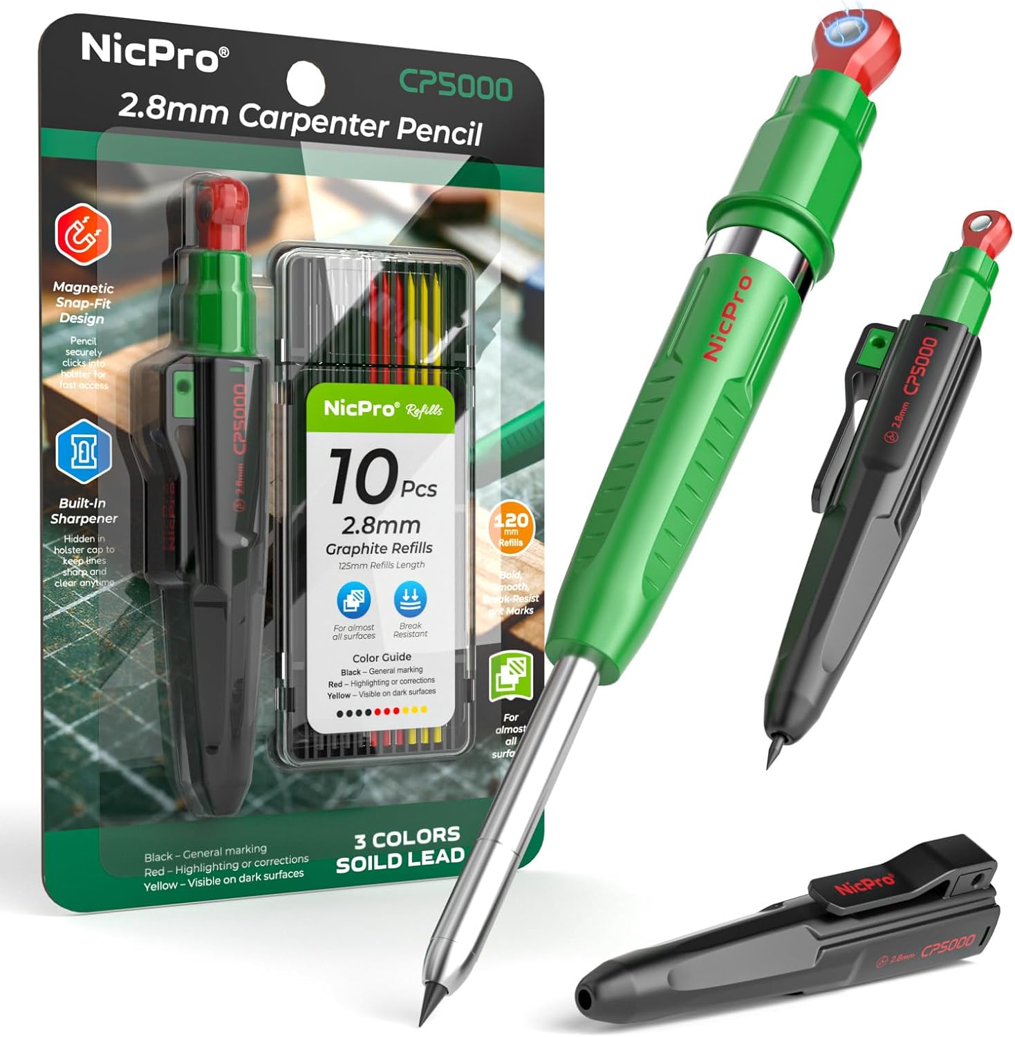 Nicpro 7-in-1 CP5000 Magnetic Carpenter Pencils with Sharpener, 2.8mm ...
