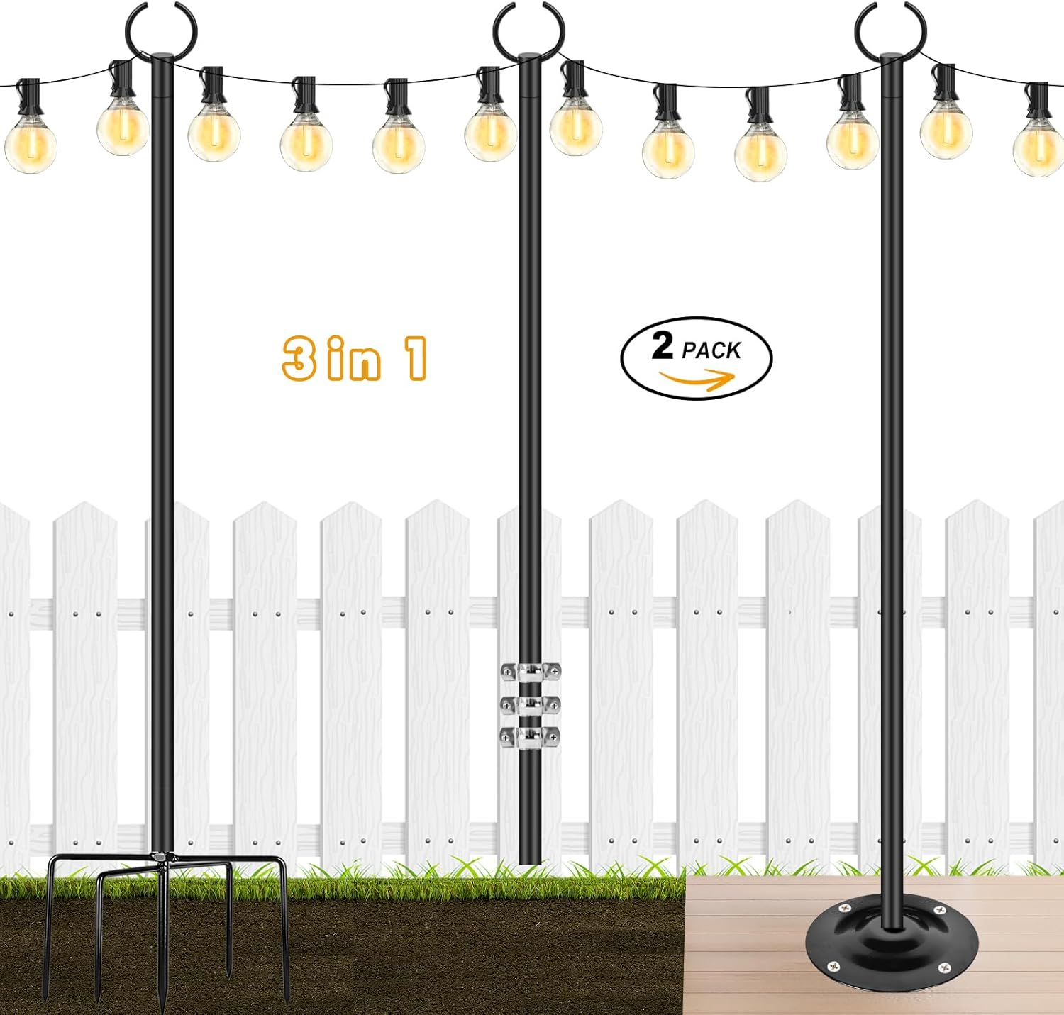 KelvinLux String Lights Poles Outdoor 9FT, 2 Pack 3 in 1 Metal Light ...