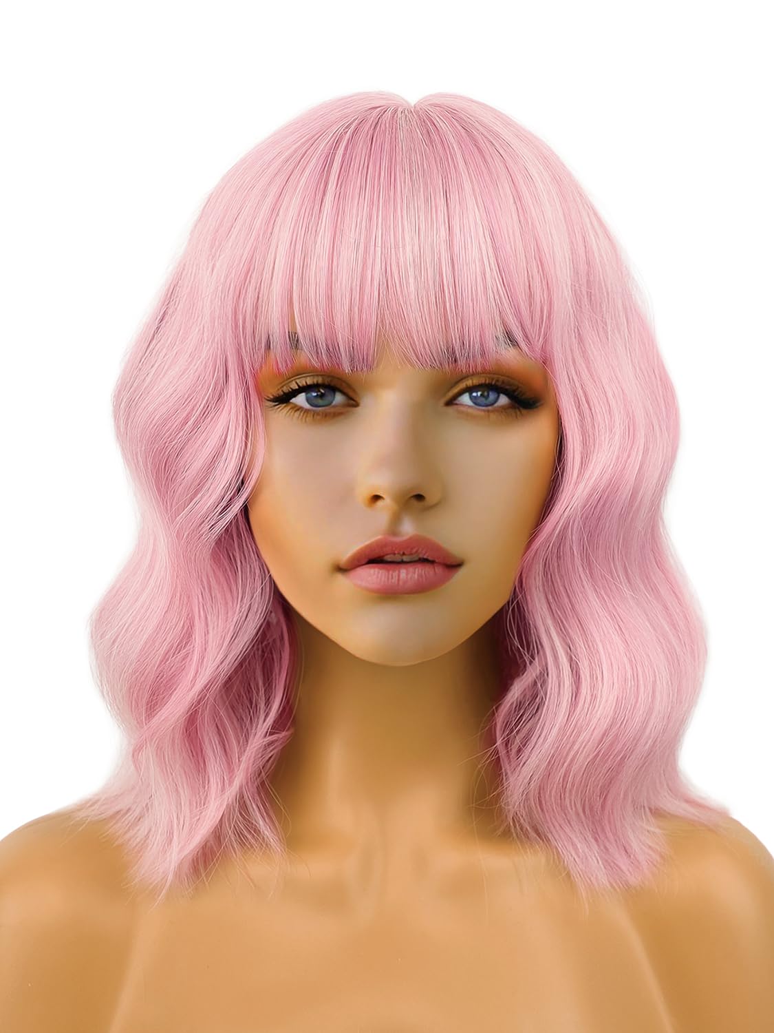 Amazon.com : FREEMEIGE Short Bob Wigs 14" Pink Wigs with Bangs for ...