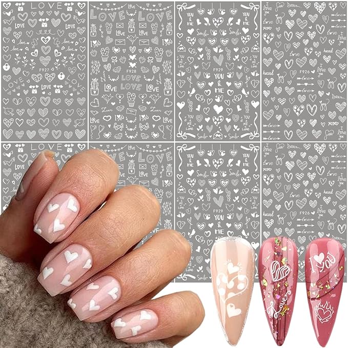 Amazon.com: 8 Sheets White Love Nail Decals - Heart Nail Art Stickers ...