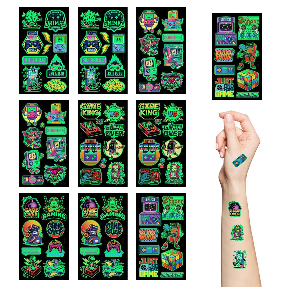 Amazon.com : 10 Sheet Gamer Temporary Tattoos Glow in Dark Video Game ...