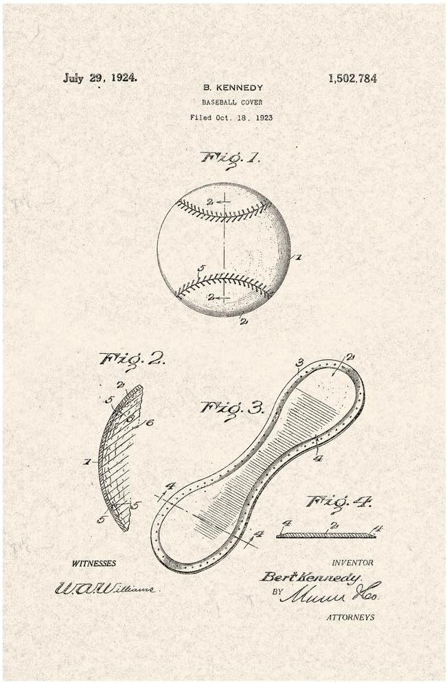 Amazon.com: Baseball Cover 1924 Official Patent Diagram Cool Wall Art ...