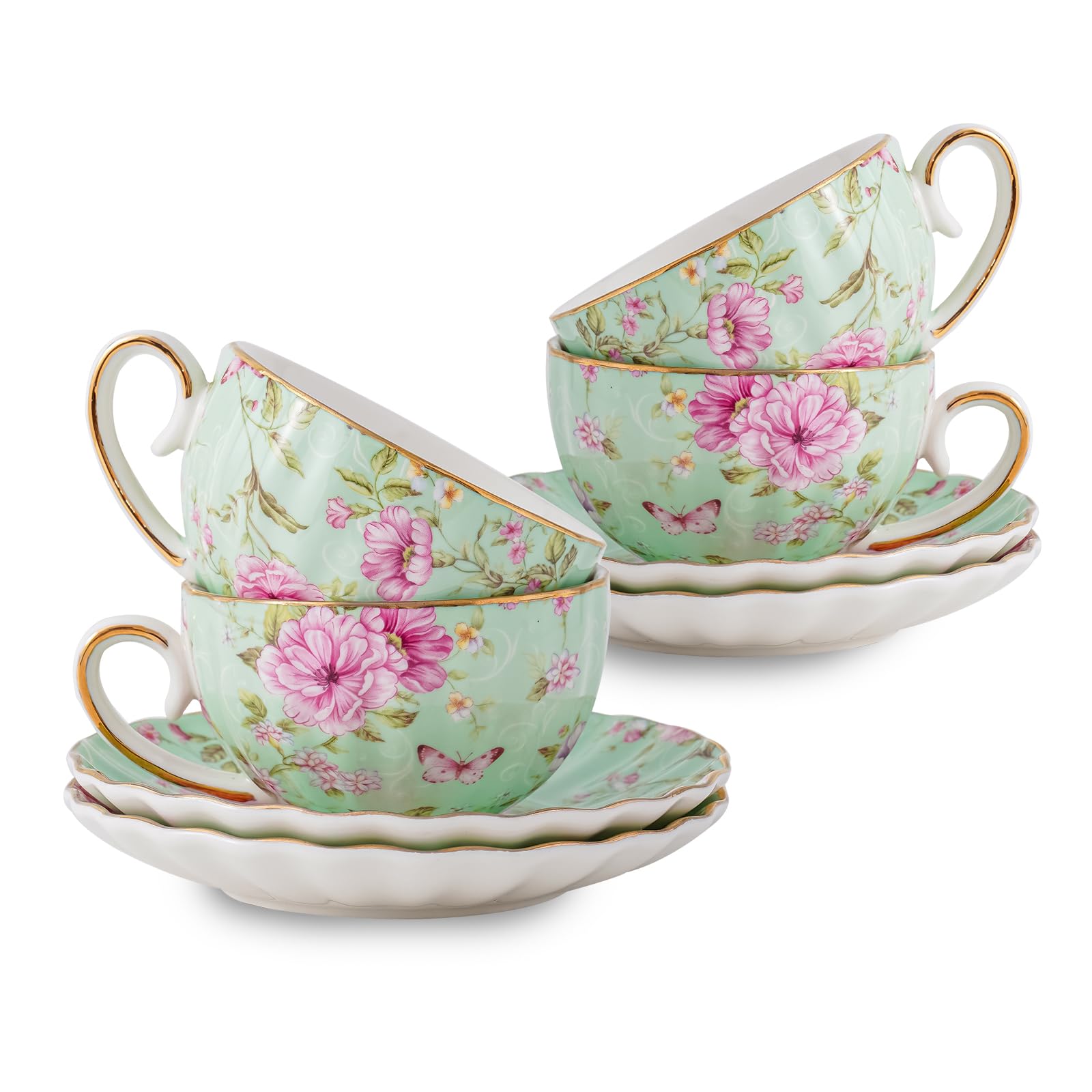 Amazon.com | Agyiuns Tea Cup and Saucers, 6.4oz Floral Tea Cups with ...