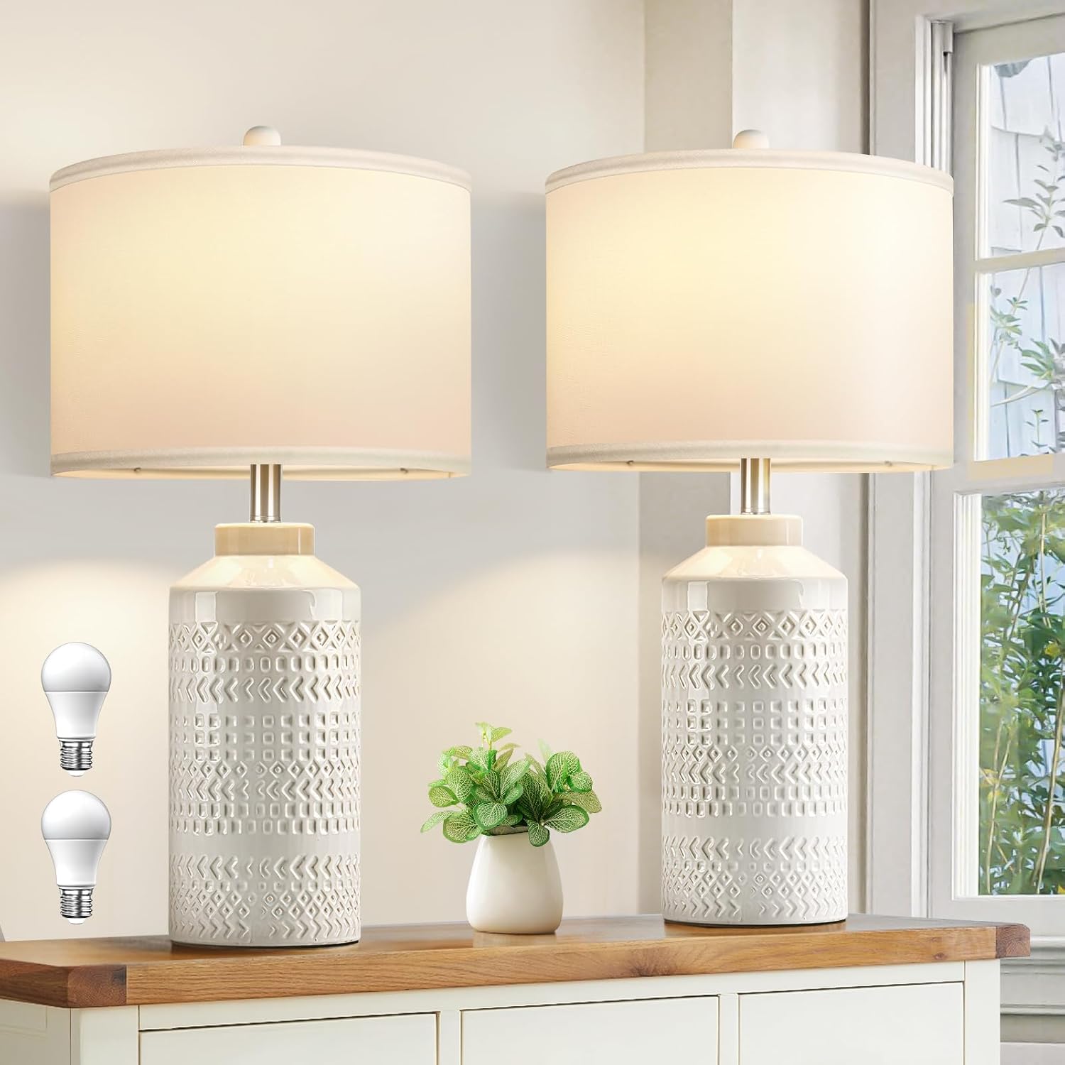 Spclsim Cream-White Ceramic Table Lamps for Bedrooms Set of 2, 23.4 ...