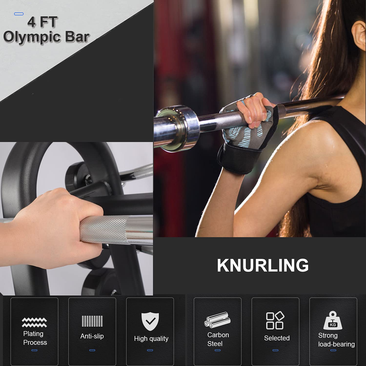 uyoyous 4FT Olympic Barbell Bar Solid Threaded Chrome barbell Bar with ...