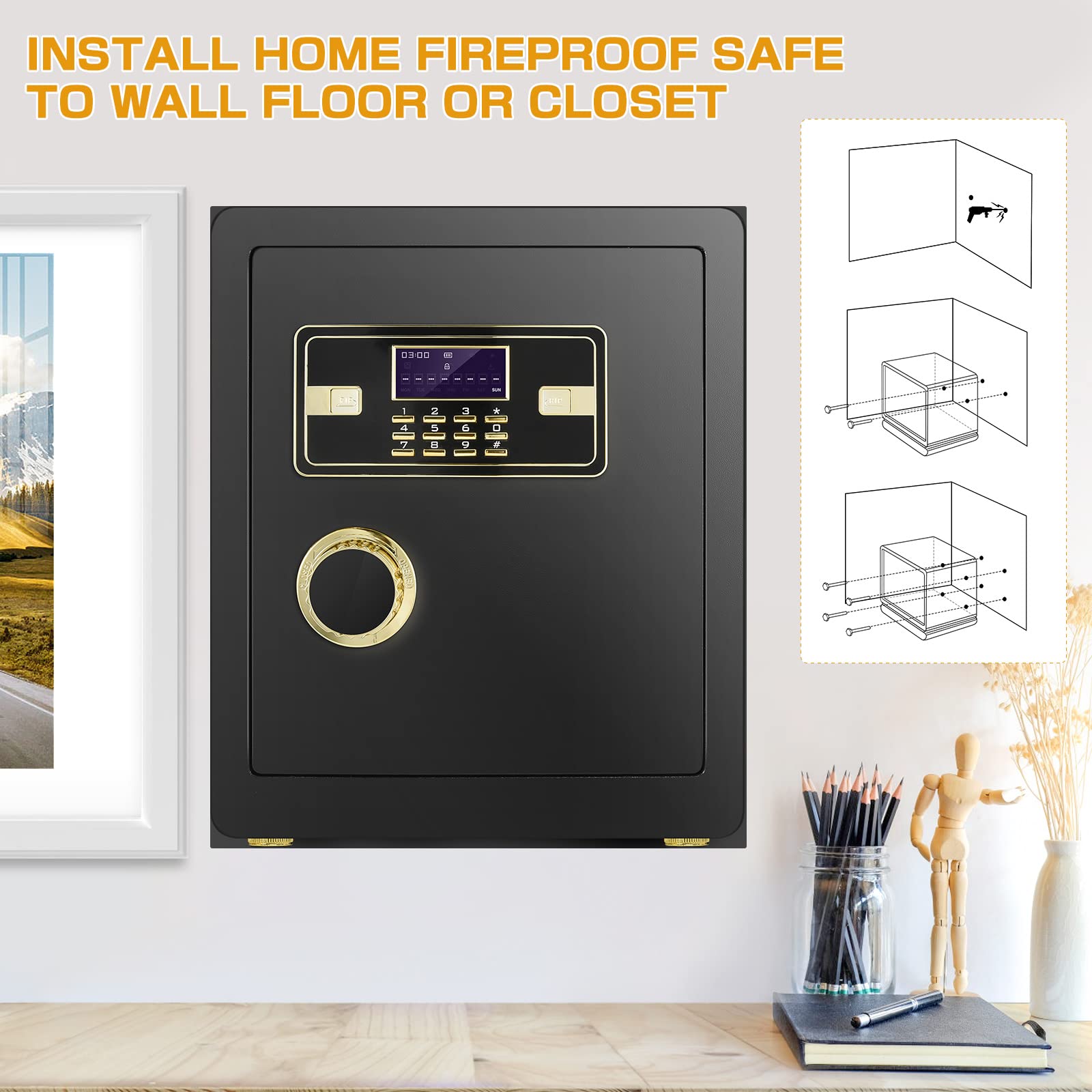 Large Safe Box Fireproof Waterproof, Home Safe with Fireproof File Bag ...