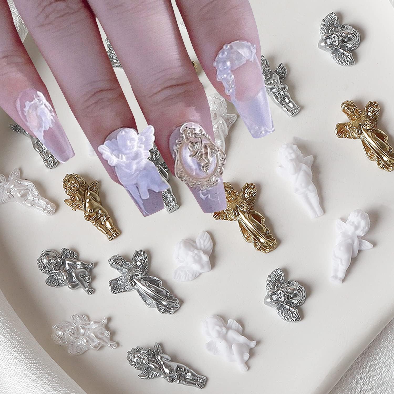Amazon.com: WOKOTO 90PCS White Embossed Angel Nail Charms for Acrylic ...