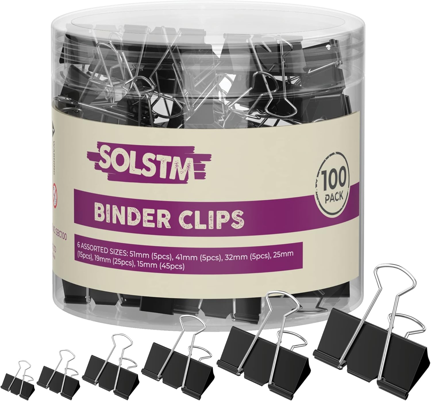 SOLSTM Binder Clips 100 Pack - Foldback Clips With Strong Grip, Durable ...
