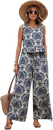 Amazon.com: womens summer sets 2 piece Damask Print Ruffle Hem Tank Top ...