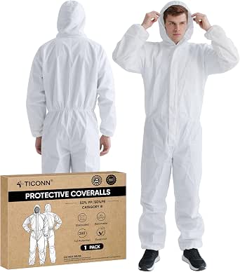 TICONN Hazmat Suit Disposable Coveralls, 5 Size Options, Full Body ...