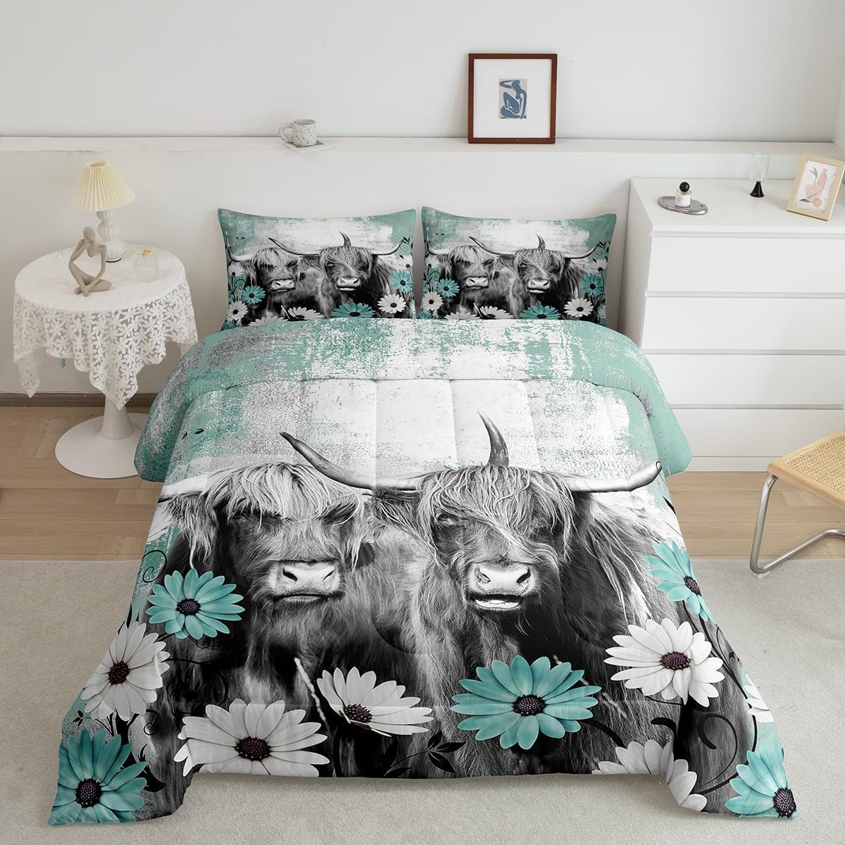 Amazon.com: Erosebridal Highland Cow Comforter Set Queen,Teal Western Bedding Sets for Kids ...