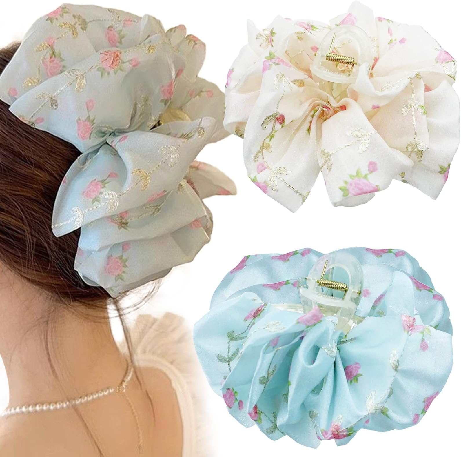 Amazon.com : 4 Pcs Large Silk Flower Bow Hair Claw Jaw Clips For Women ...