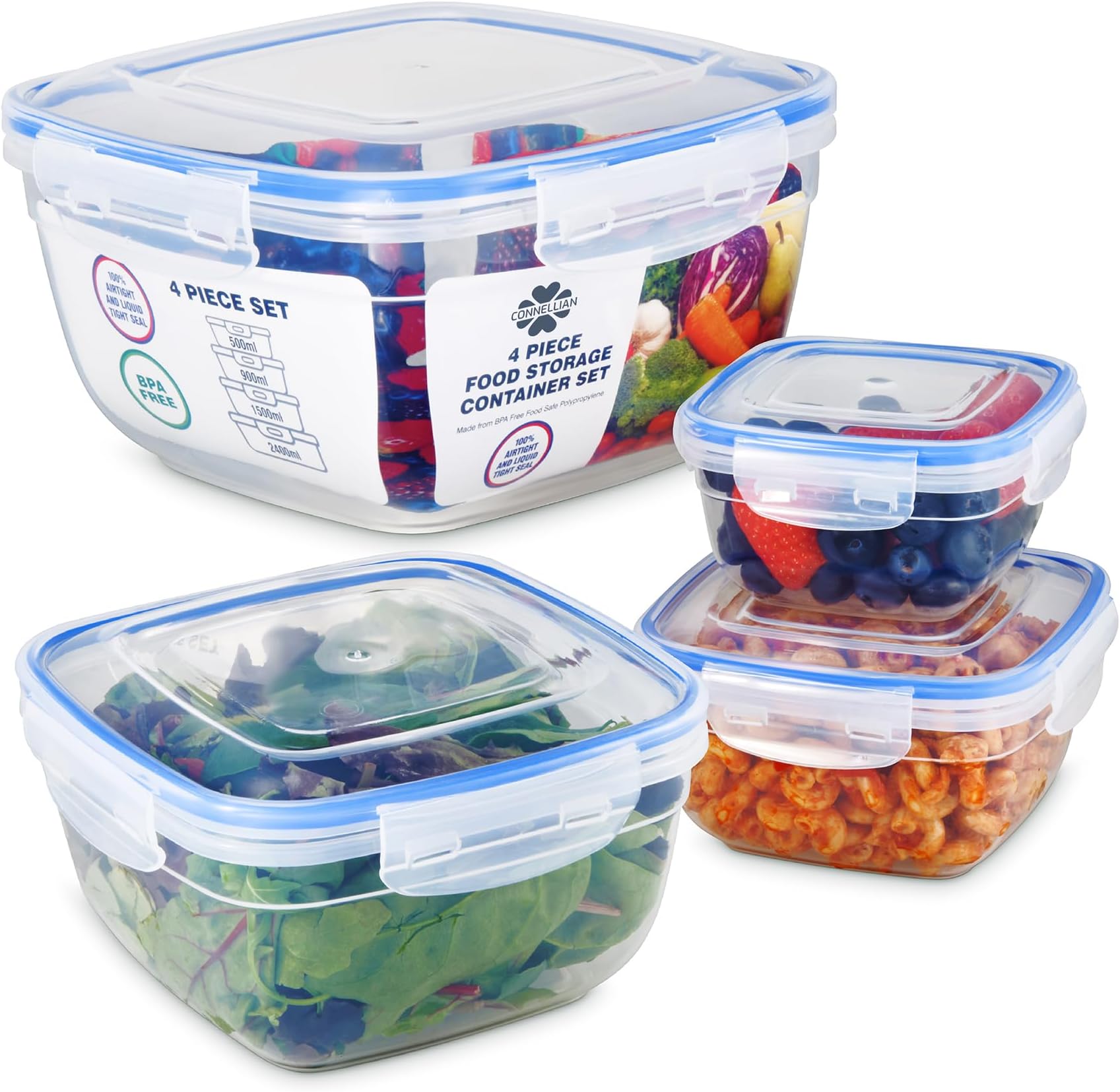 CONNELLIAN Airtight Plastic Food Storage Containers with Lids 4 Pc Set ...