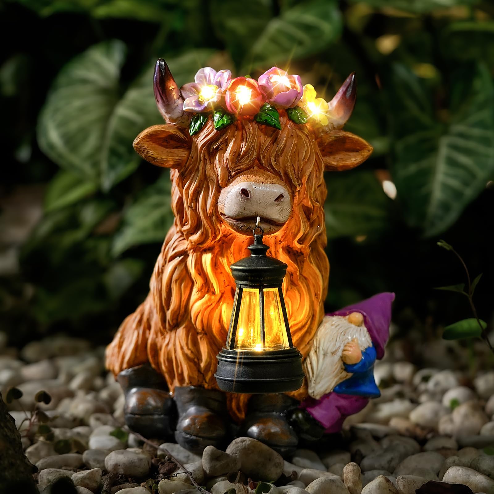 TOLIMI Garden Lantern Statues Resin Highland Cow with Gnome Outdoor ...