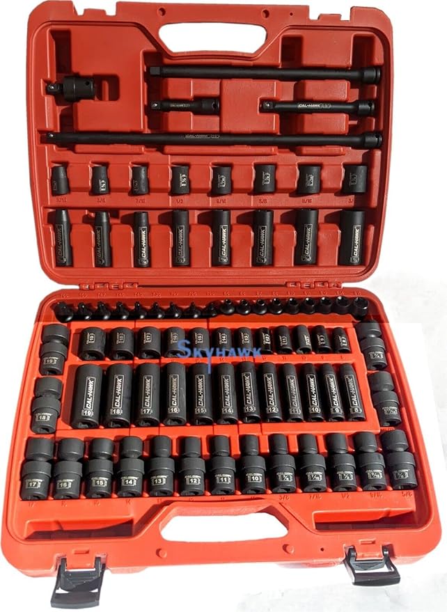 80pc Cal-Hawk 3/8" Dr. 6POINT SAE/Metric Master Impact Socket Set CRV ...
