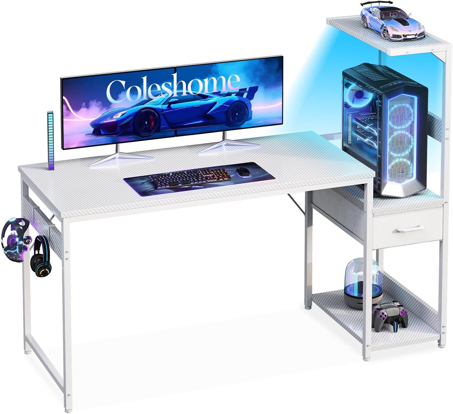 Coleshome 138×48 cm Gaming Desk with LED Lights, Reversible Computer ...