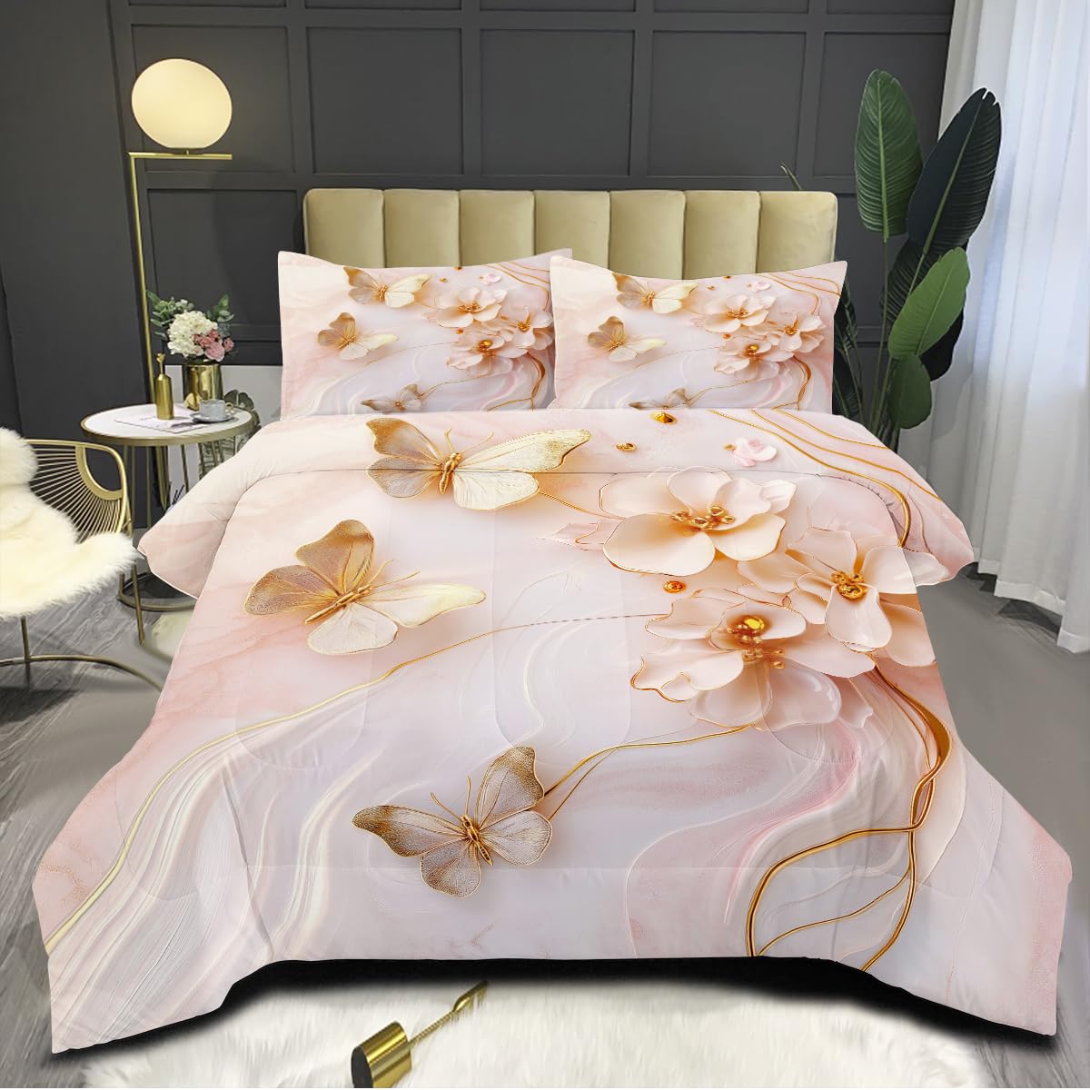 Amazon.com: CCoutueChen Pink Butterfly Floral Comforter Set Queen Size ...
