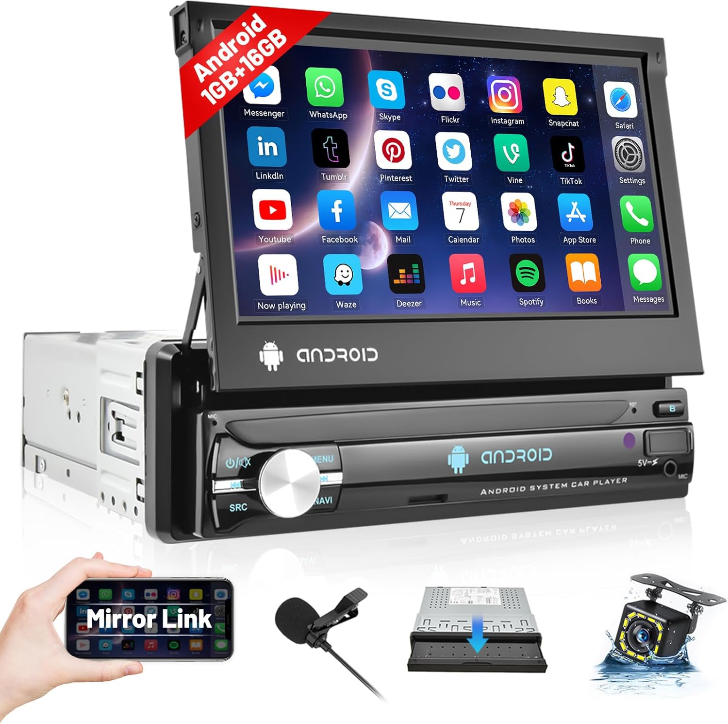 Android 10 Autoradio 1Din mit Ausfahrbarem Bildschirm,7 Zoll HD ...