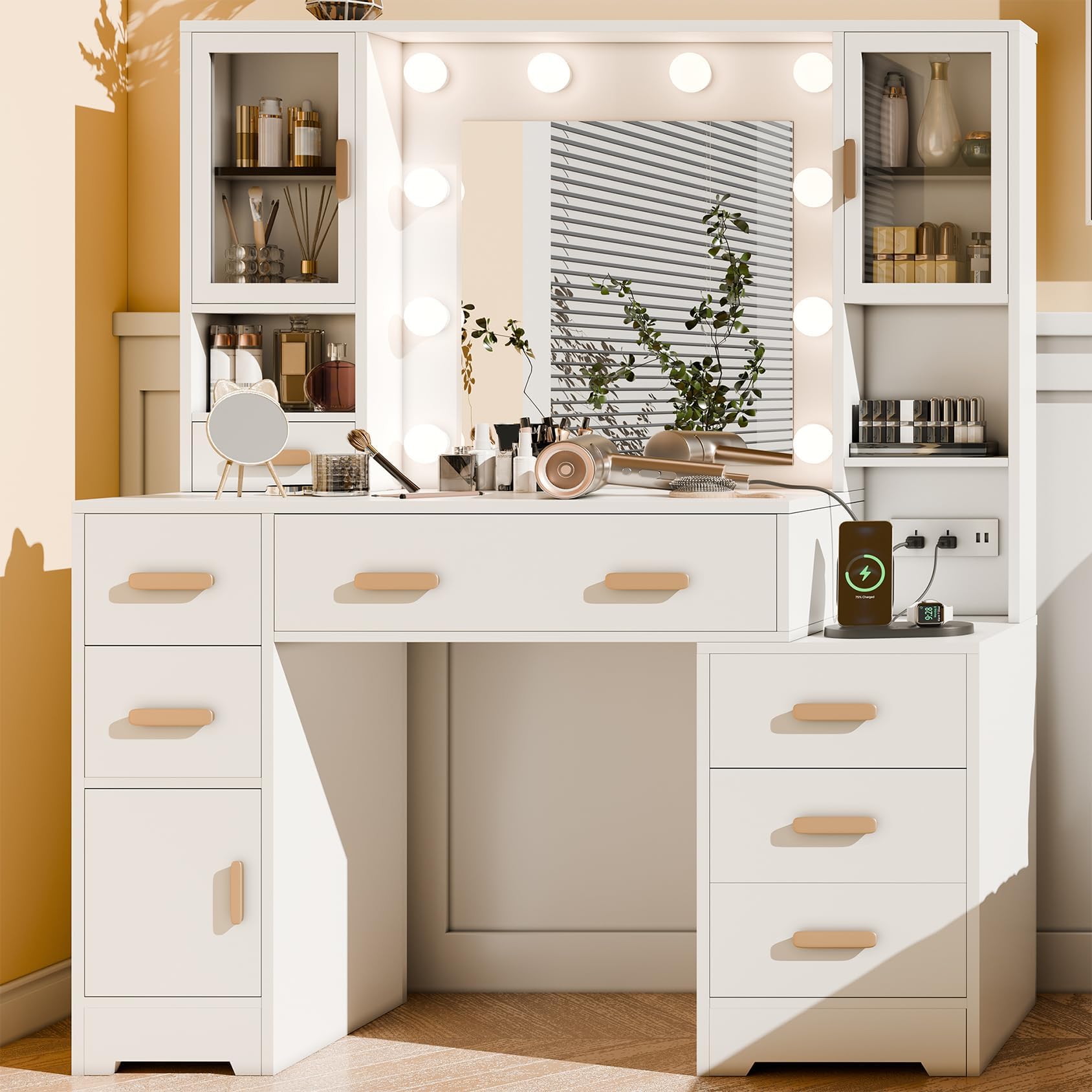 Amazon.com: Rovaurx 61.9" L Vanity Desk with Mirror & Lights, Large ...