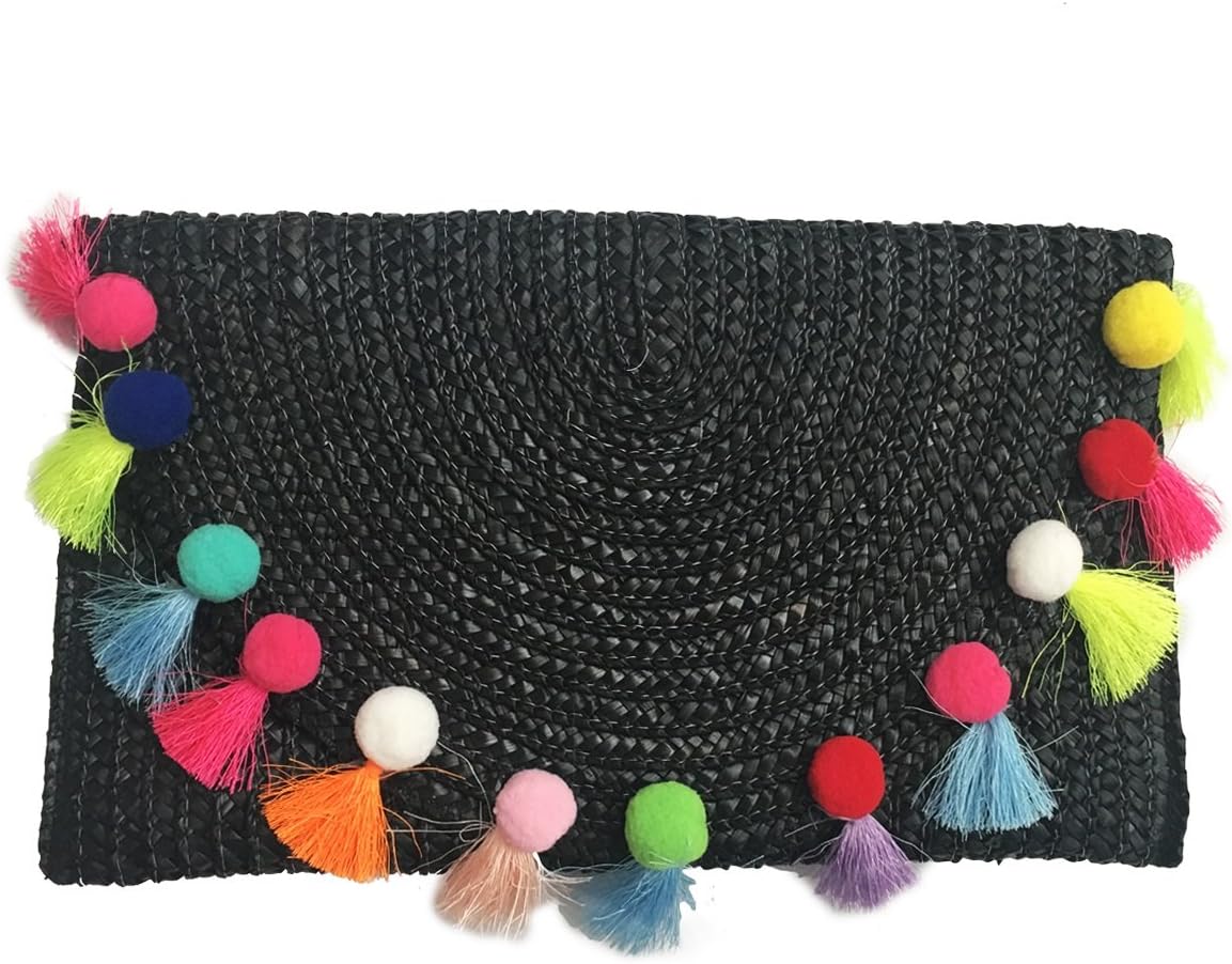 Straw Pom Pom and Tassel Clutch - Fashion Bag for Summer (Black-Multi ...