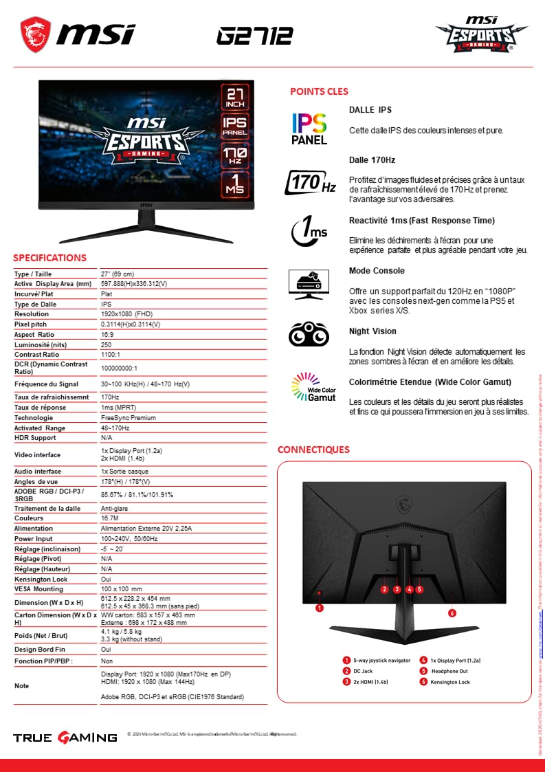 MSI G2712 Écran Gaming 27" FHD - Dalle IPS 1920x1080, 170Hz / 1ms ...