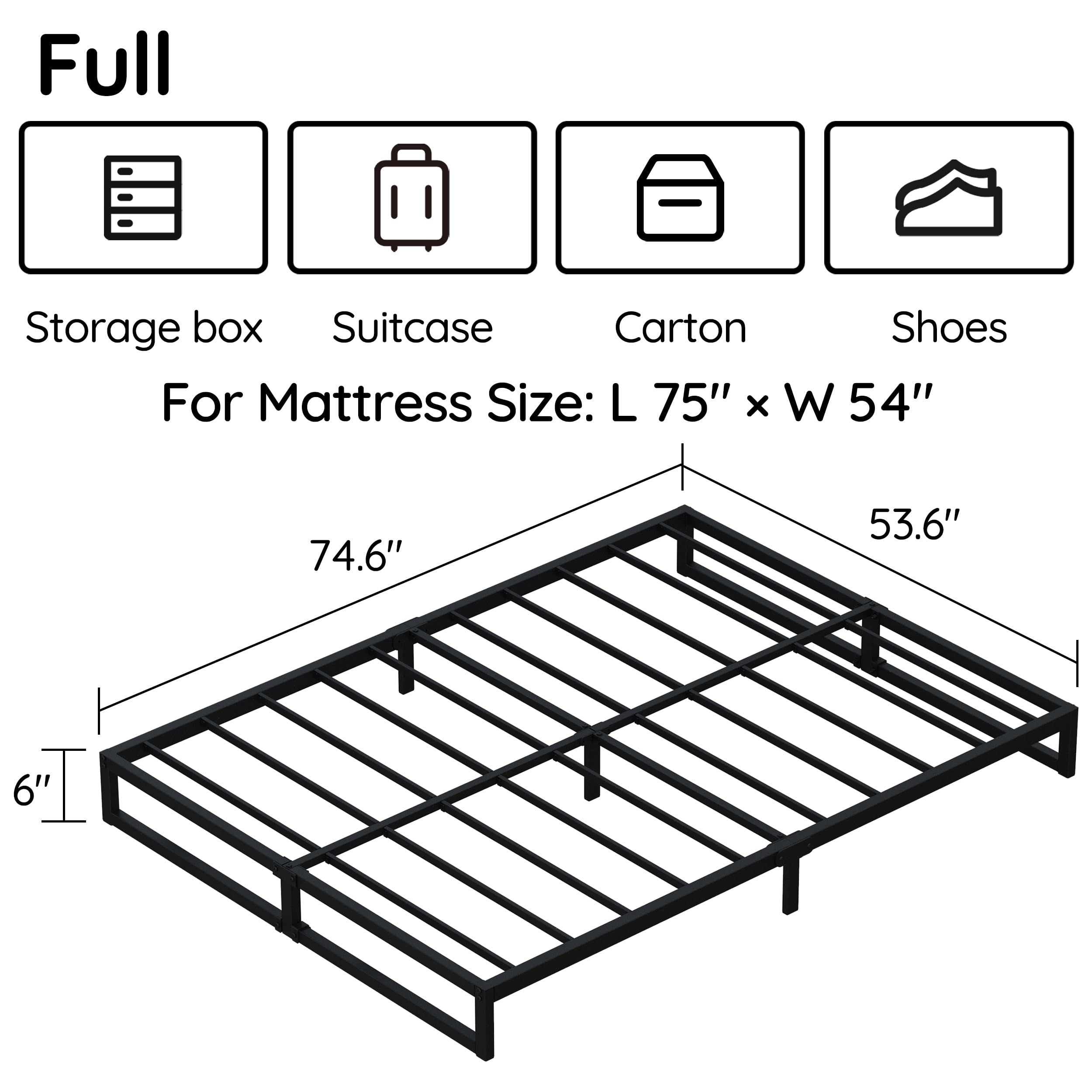 Richwanone 6 Inch Bed Frame Full Metal Platform Mattress Foundation ...