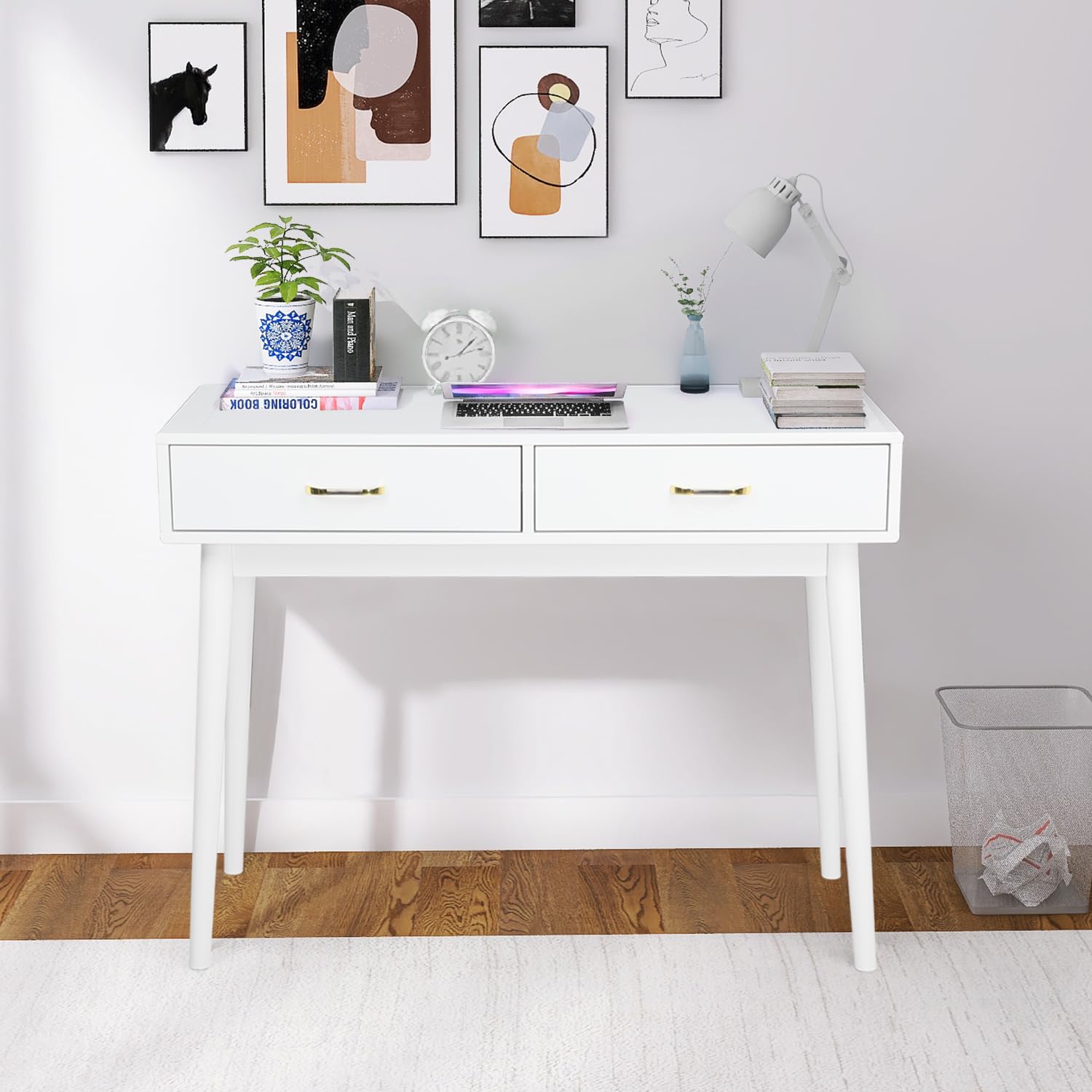 Amazon.com: Rotihom Small White Desk with 2 Drawers, Modern Writing ...