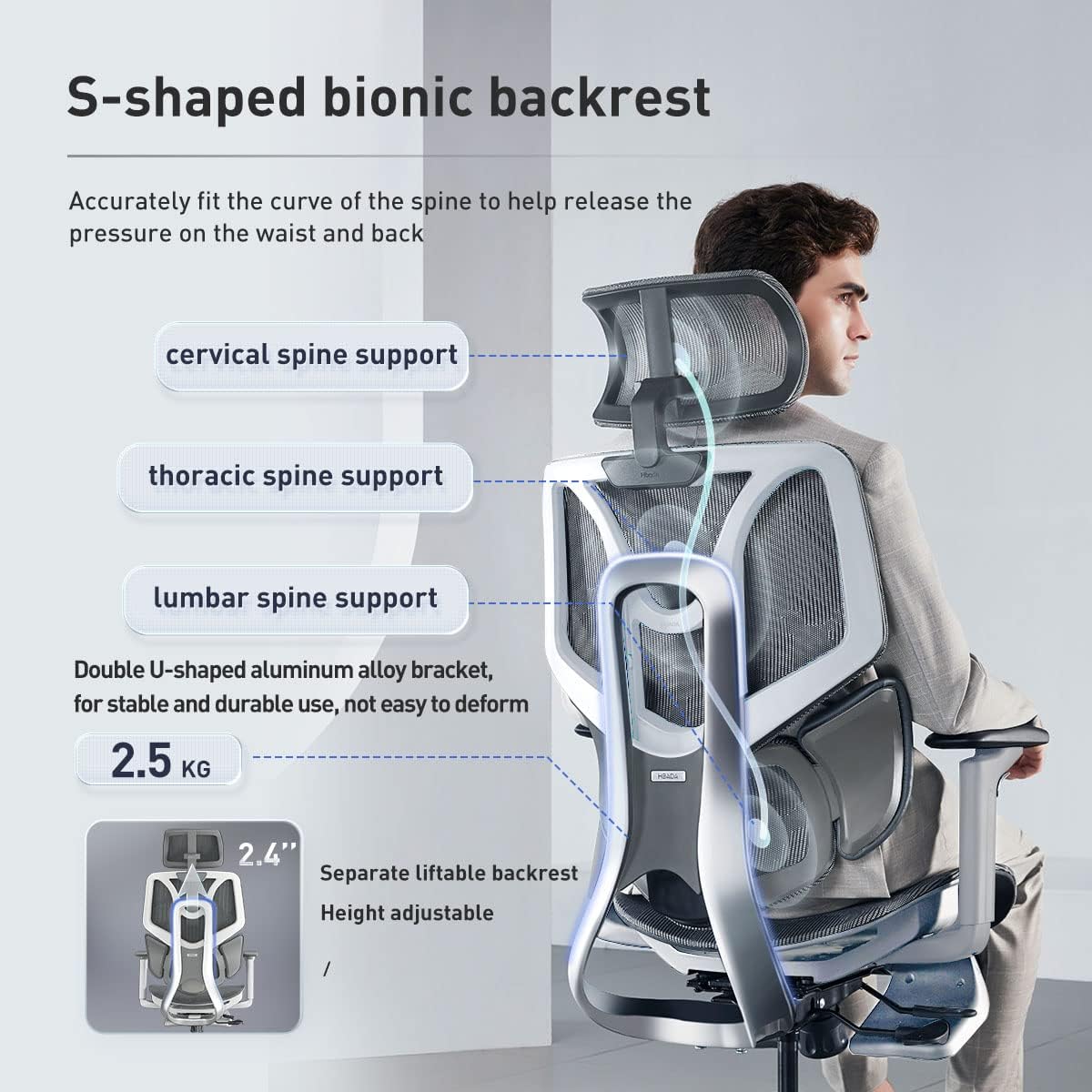 Hbada Ergonomic Office Chair Elastic Adaptive Adjustment Back Lumbar ...