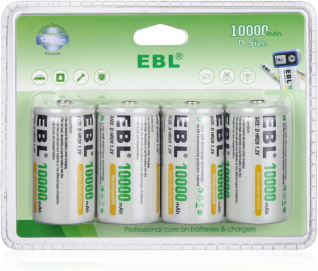 EBL Rechargeable D Batteries, 10000mAh Ni-MH High Capacity D Cell ...
