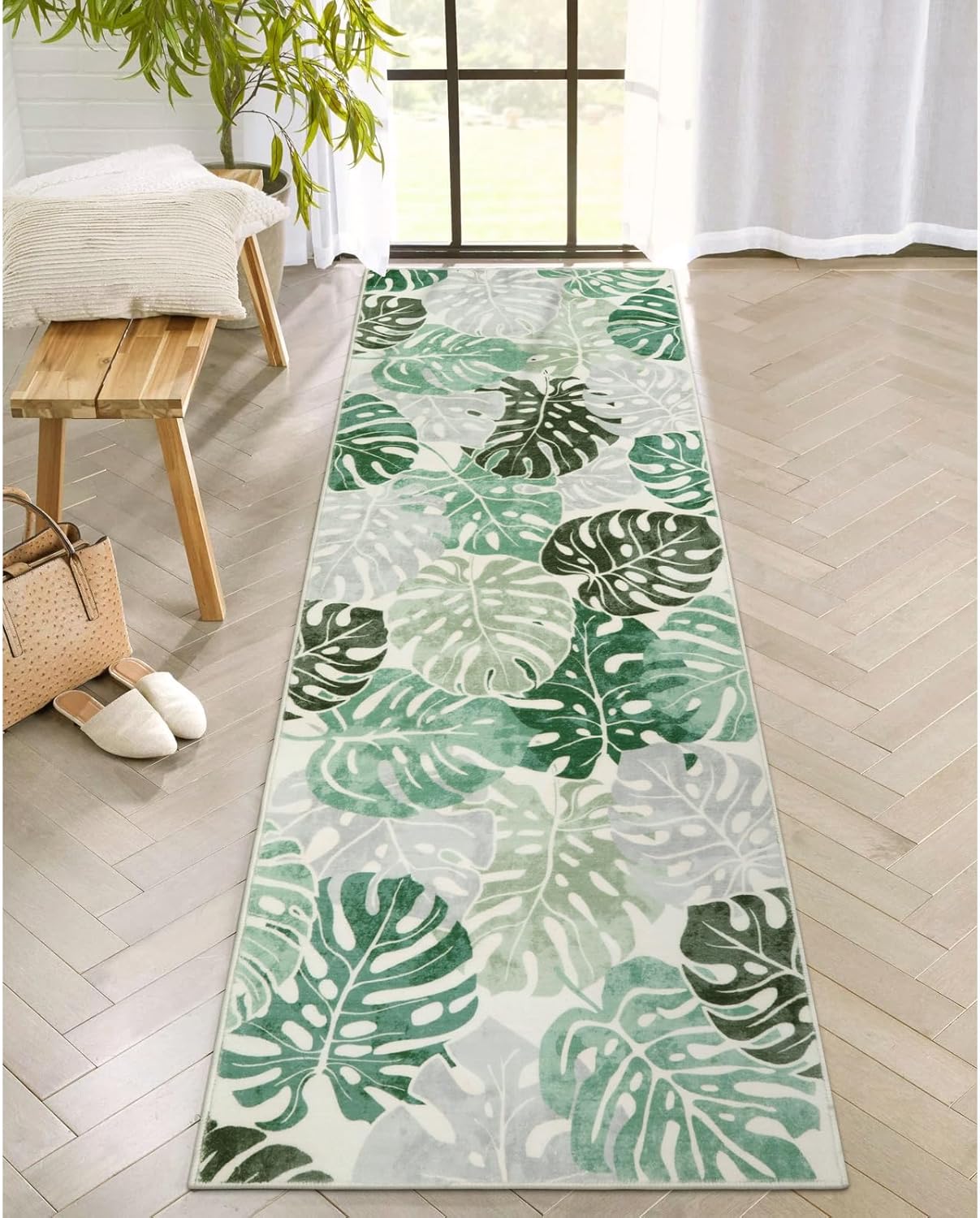 Amazon.com: Wonnitar Leaf Washable 2x6 Rug Runner, Tropical Green ...