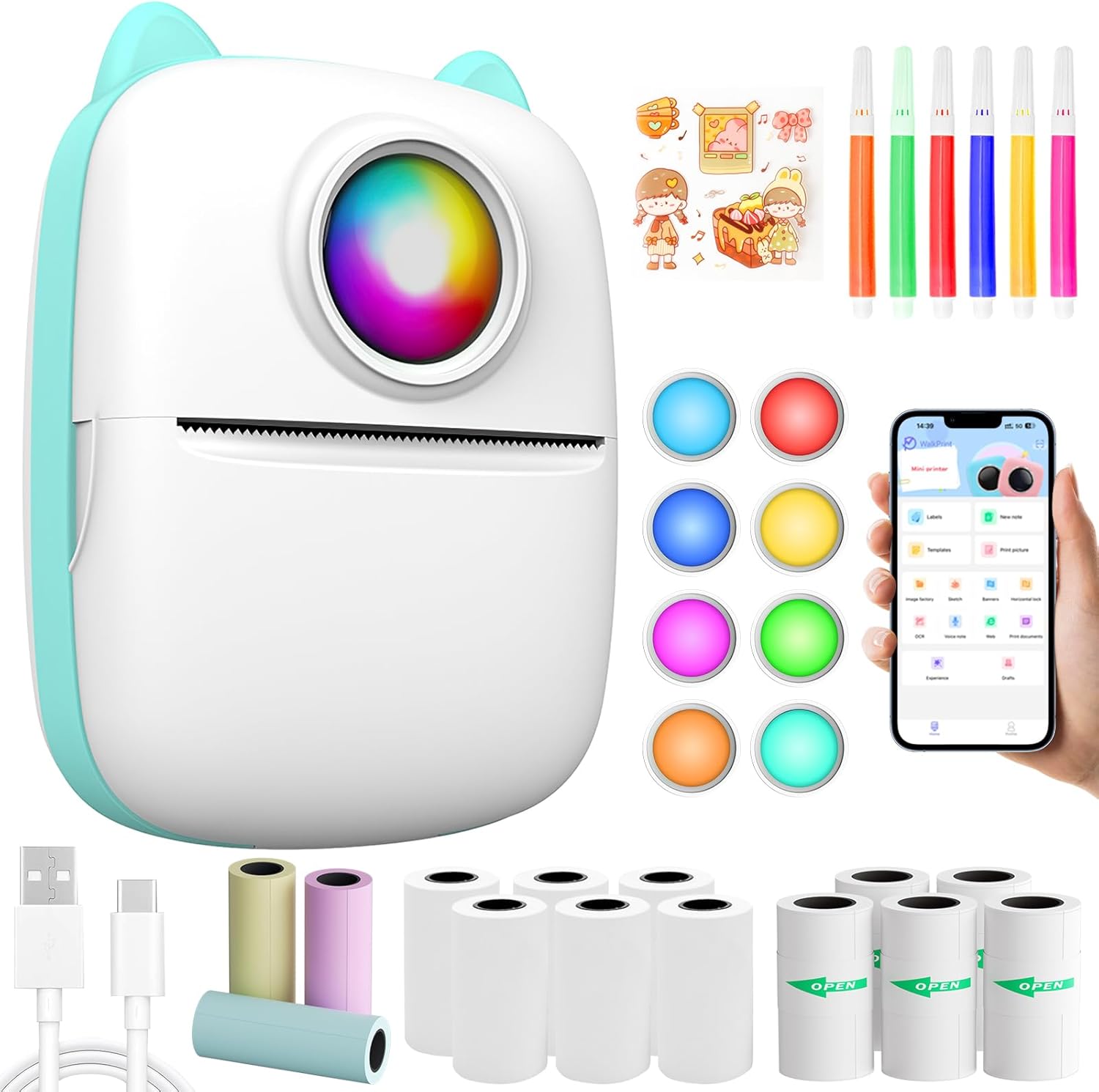 Hiyorsoa Sticker Printer with 14 Rolls Paper,Bluetooth Mini Printer ...