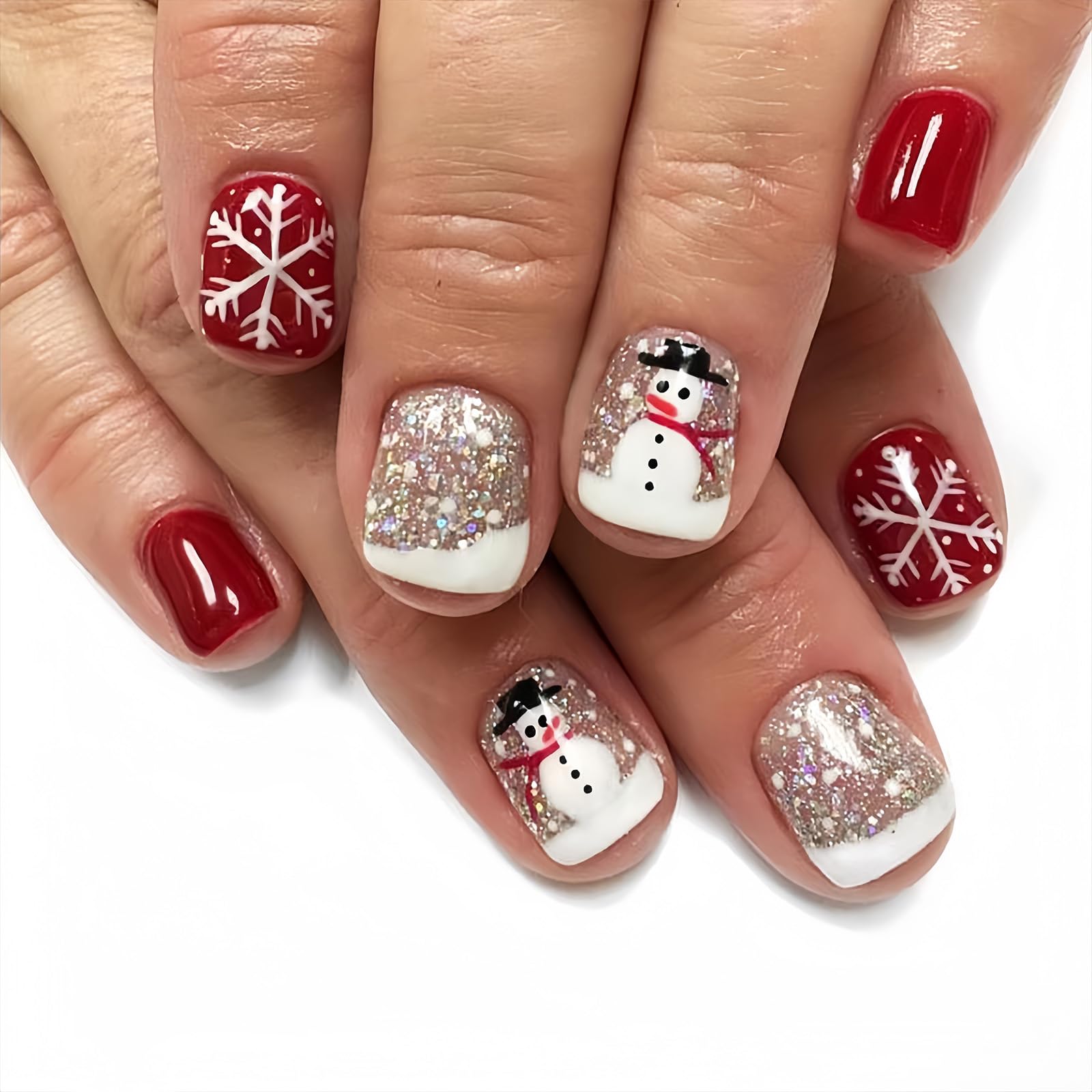 Amazon.com: Christmas Snowflake Press on Nails Short Square Fake Nails ...