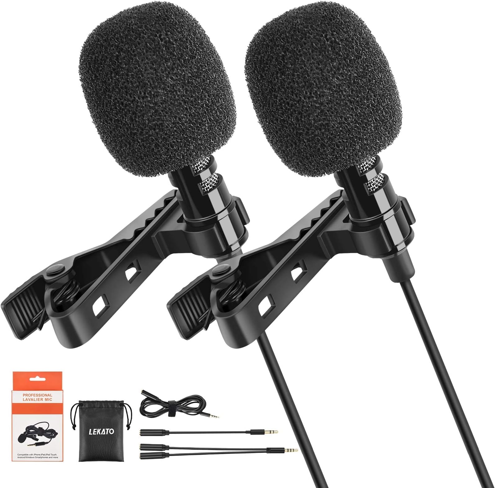 LEKATO Lavalier Lapel Microphones, 2 Pack Bundle Omnidirectional ...