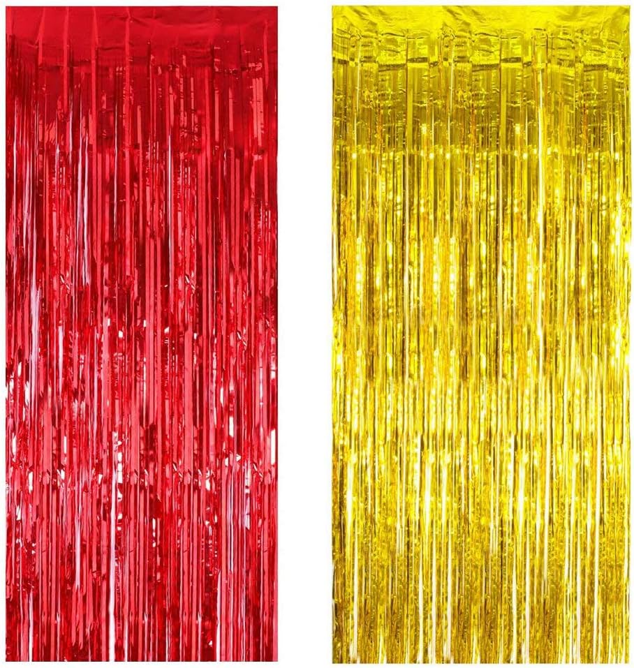 Amazon.com : 2PCS Red Foil Fringe Curtain Backdrop, 8ft Sparkle Tinsel ...