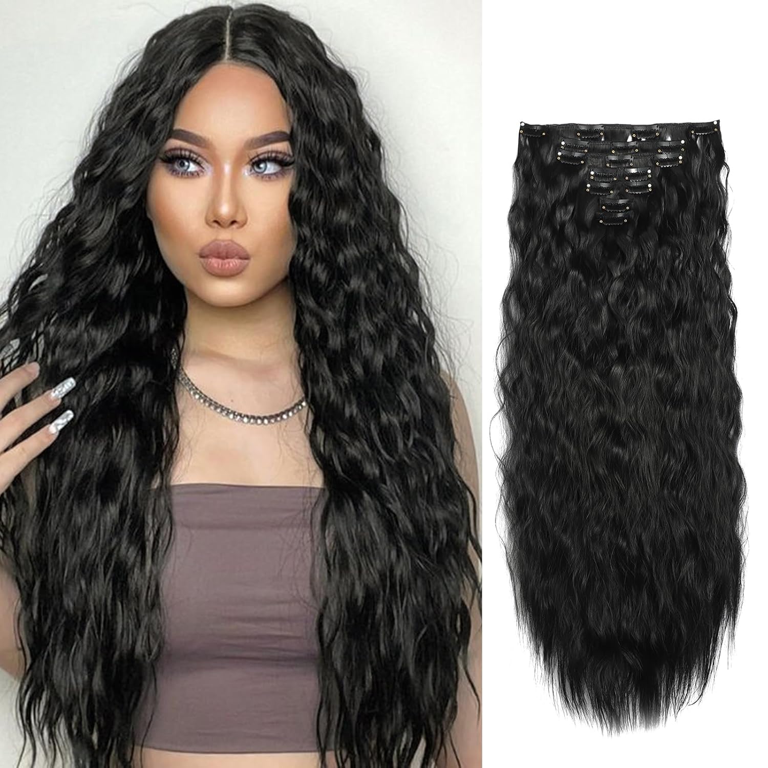 Amazon.com : Curly Clip In Hair Extension 7PCS Natural Thick Deep Wave ...