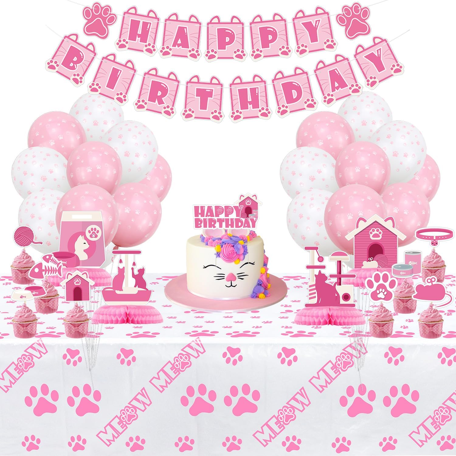 Amazon.com: Cat Party Decorations - Including Banner, Cat Honeycomb ...