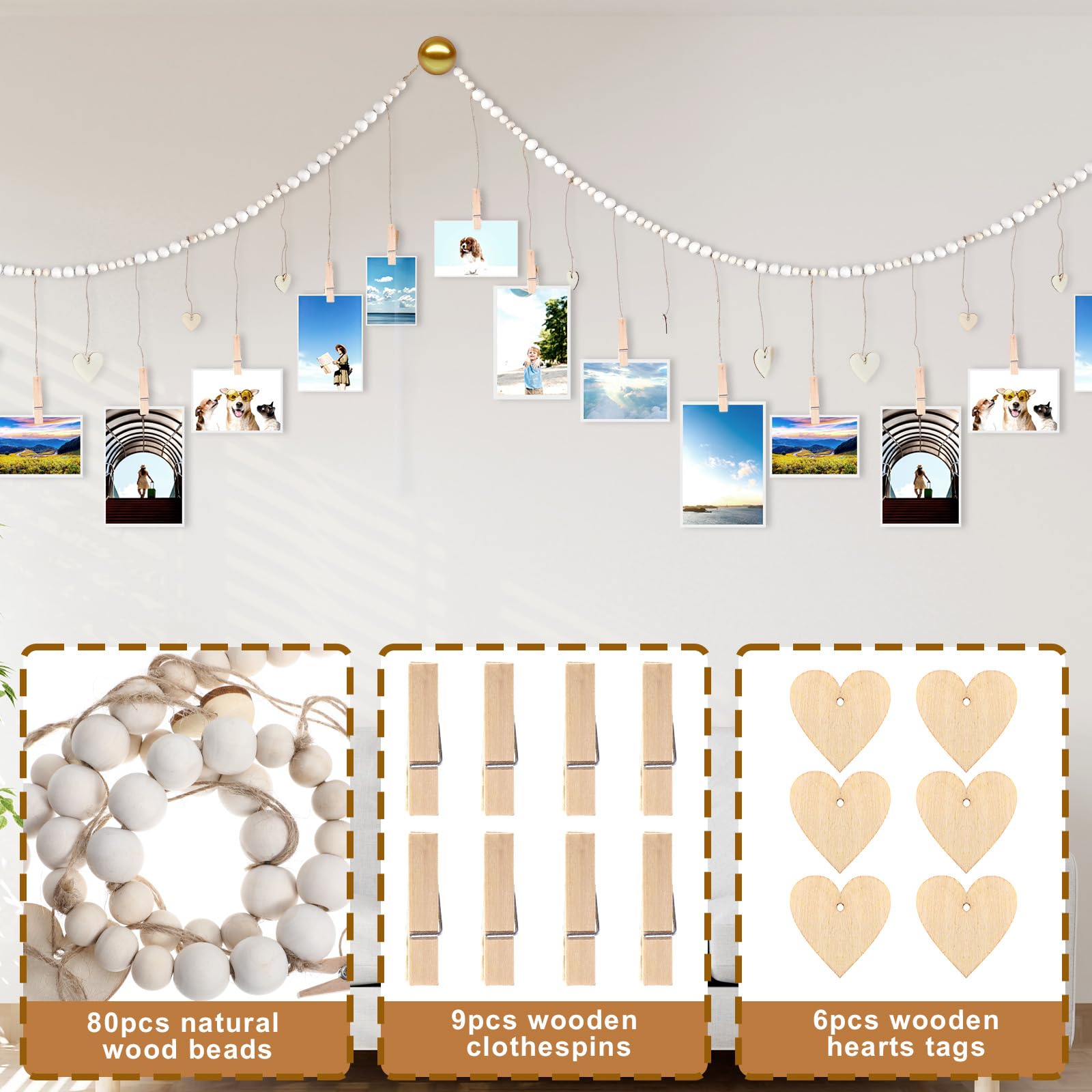 Hanging Photo Display with Clips, Photo String with 9 Wood Clips ...