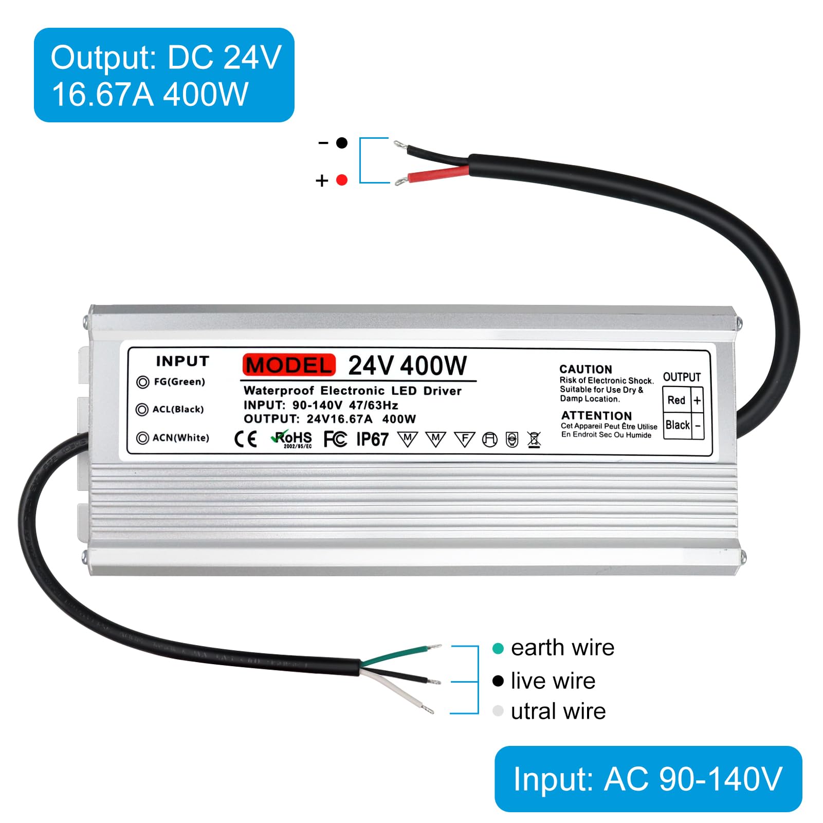 Snapklik.com : 24V 400W LED Power Supply, IP67 Waterproof Outdoor Power ...
