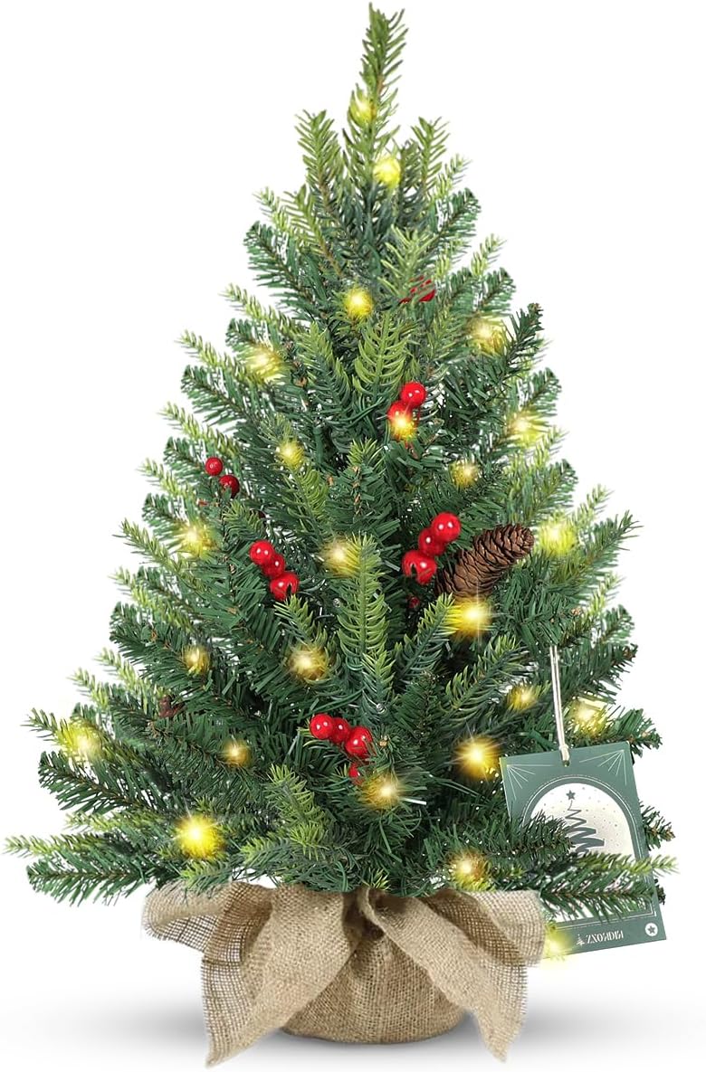 2FT Mini Christmas Tree - Prelit Small Tabletop Tree with Red Berries ...